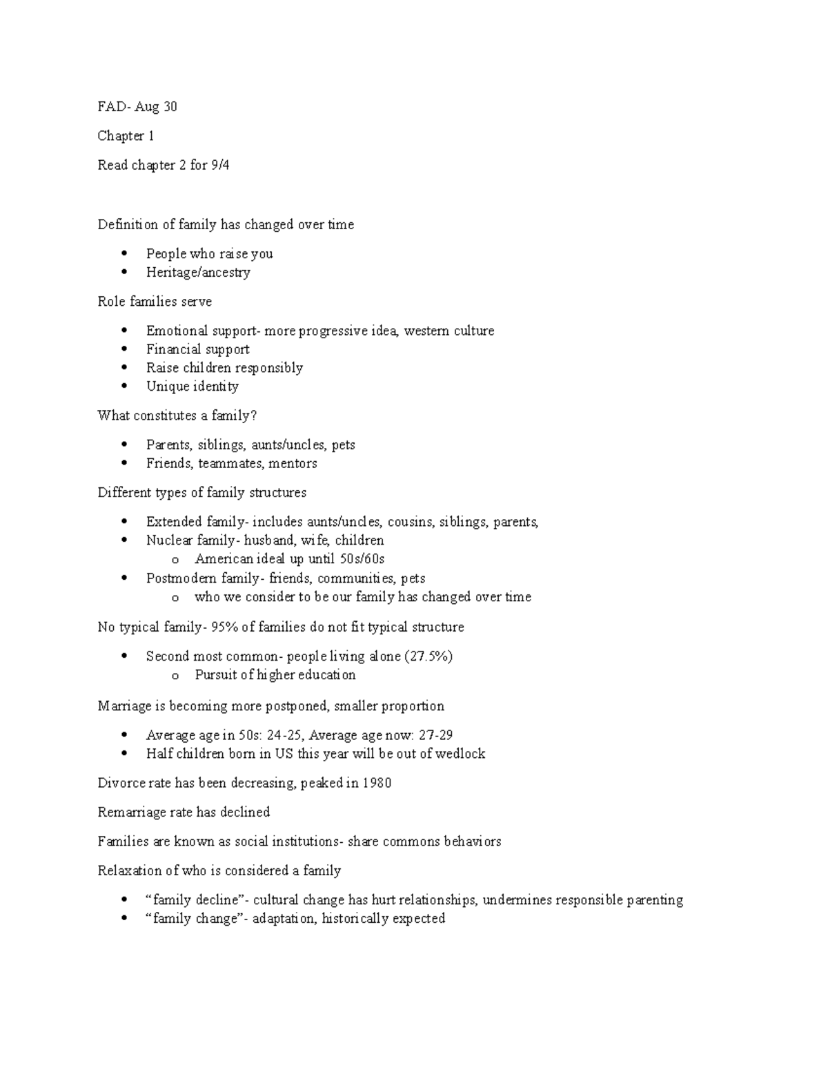FAD Chapter 1- Family - FAD- Aug 30 Chapter 1 Read chapter 2 for 9 ...