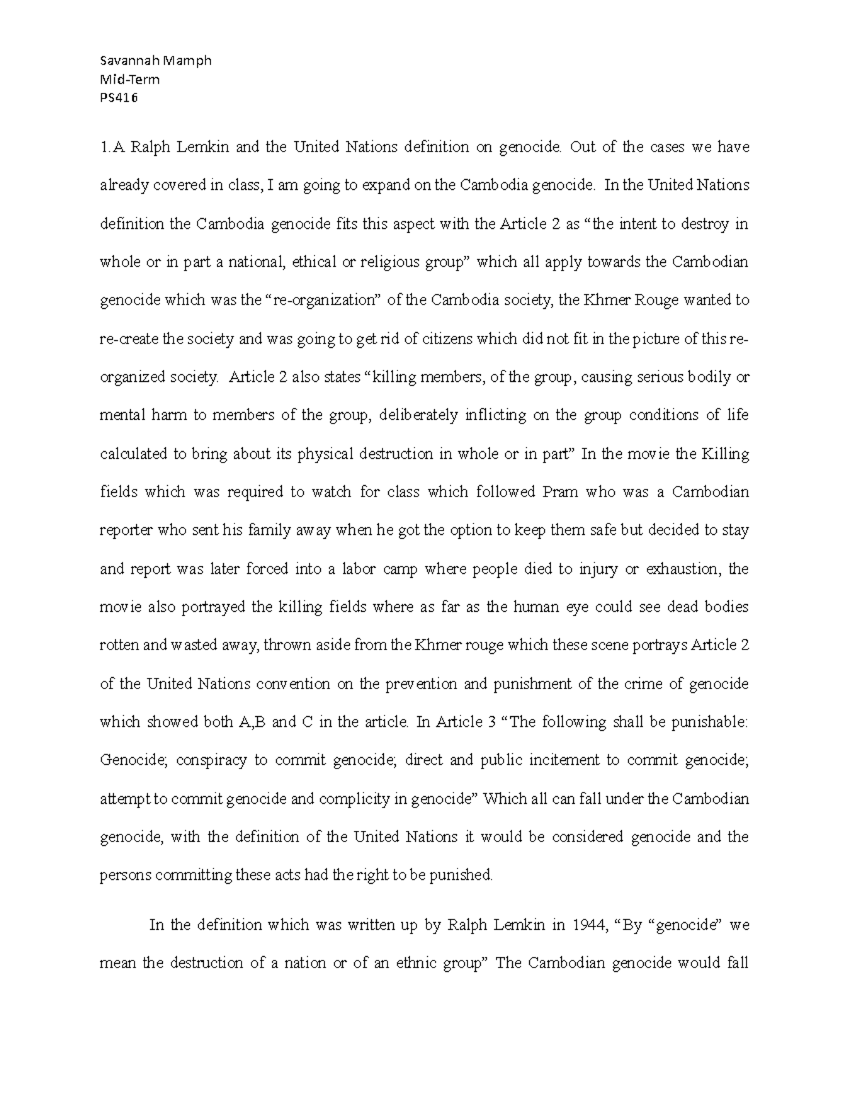 Midterm - PS 1 Ralph Lemkin and the United Nations definition on ...