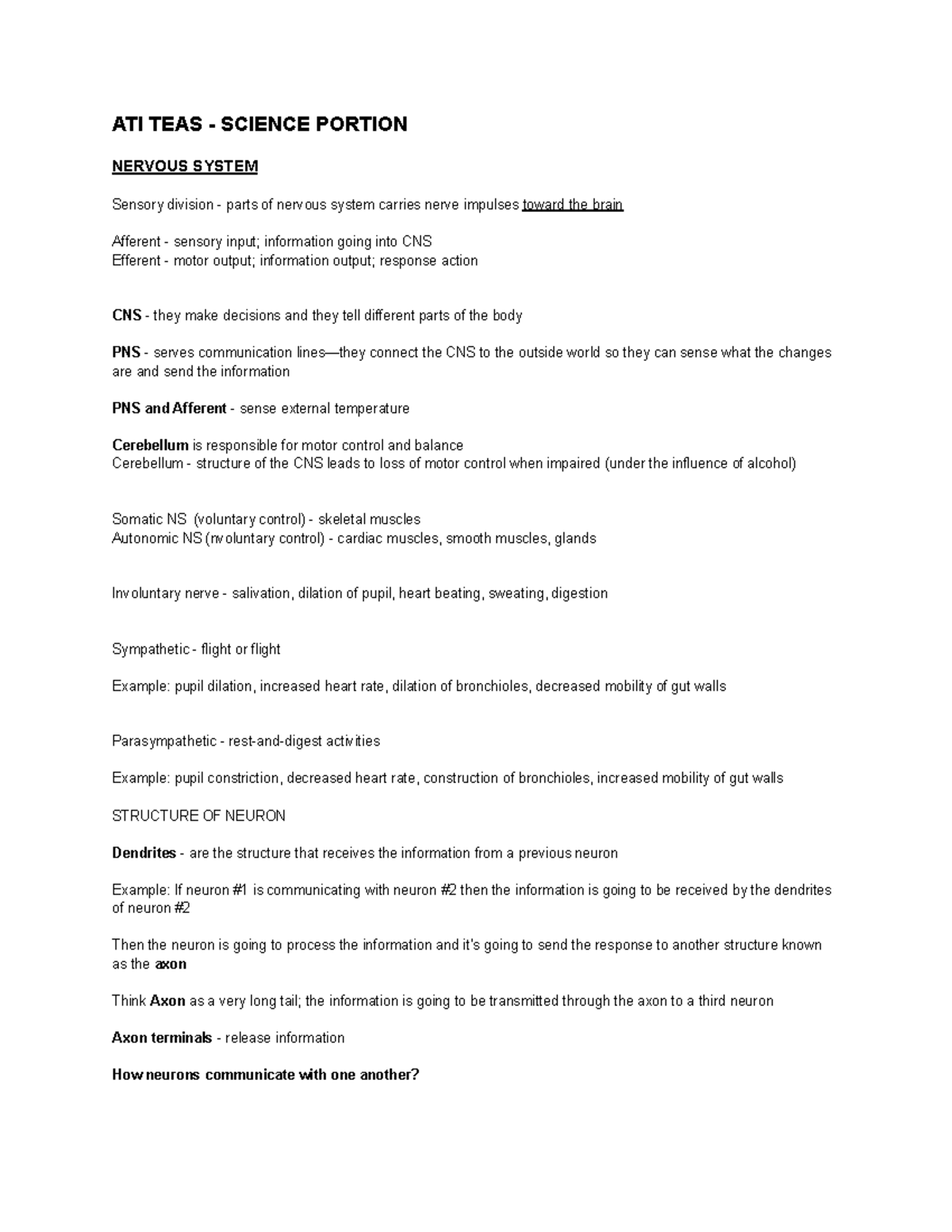 ATI TEAS - Science Portion - ATI TEAS - SCIENCE PORTION NERVOUS SYSTEM ...