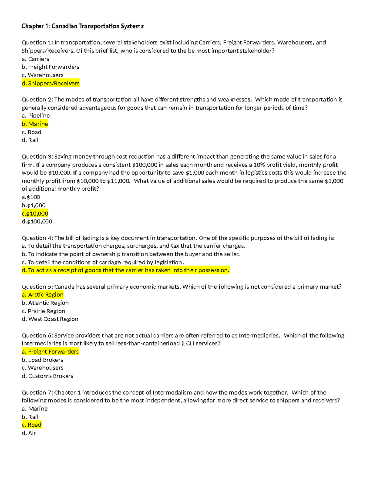 CITT Transp. Systems Quizzes 1 -10 - Chapter 1: Canadian Transportation ...