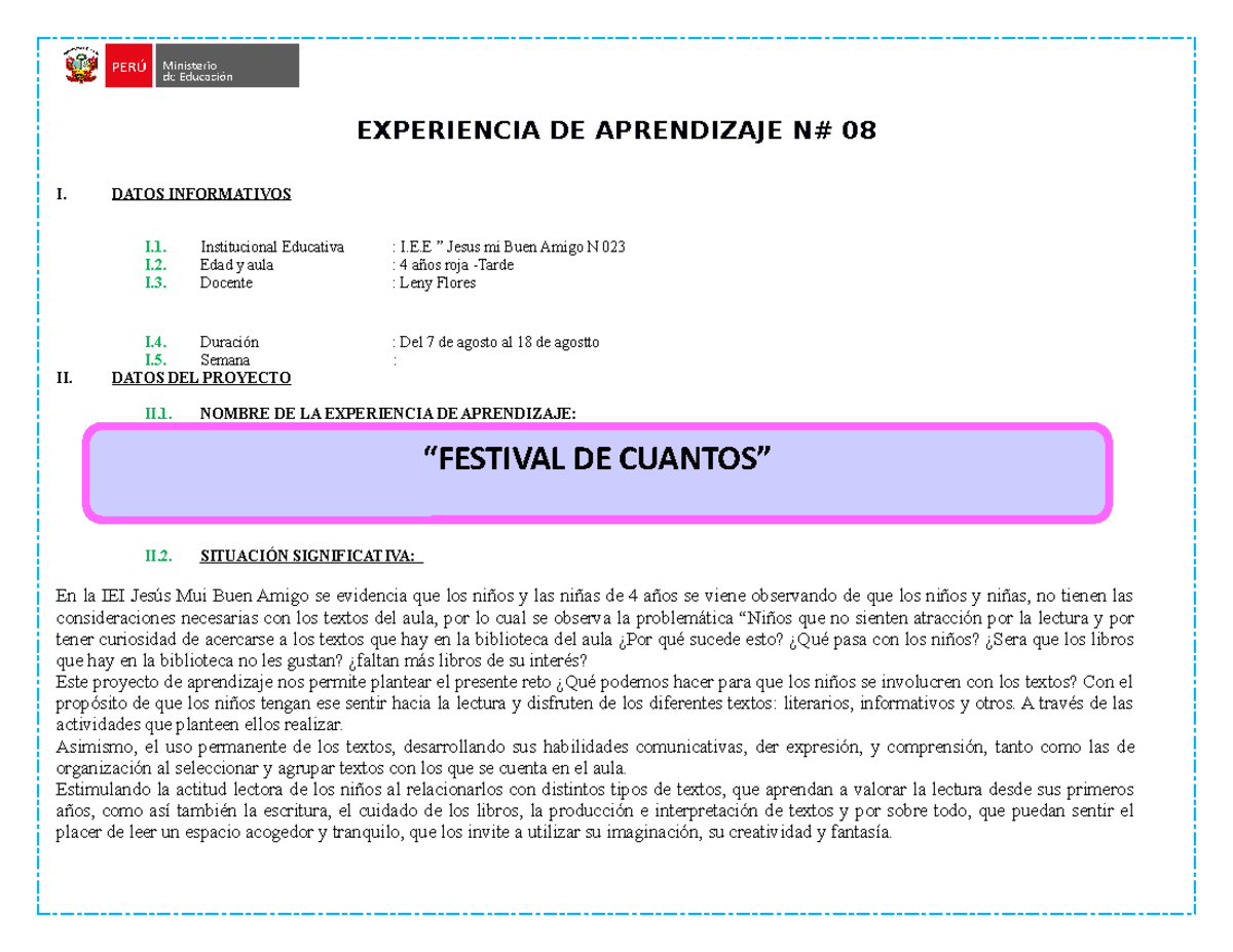 Experiencia DE Aprendizaje Festival D Cuentos - EXPERIENCIA DE APRENDIZAJE N# 08 I. DATOS - Studocu