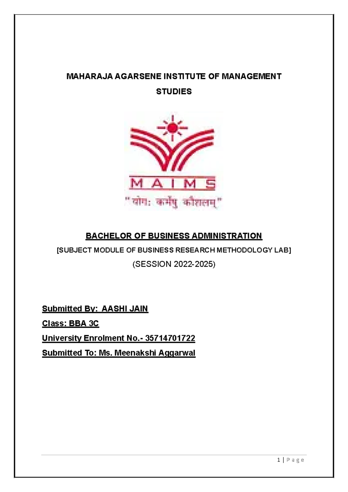BRM practical FILE - MAHARAJA AGARSENE INSTITUTE OF MANAGEMENT STUDIES ...