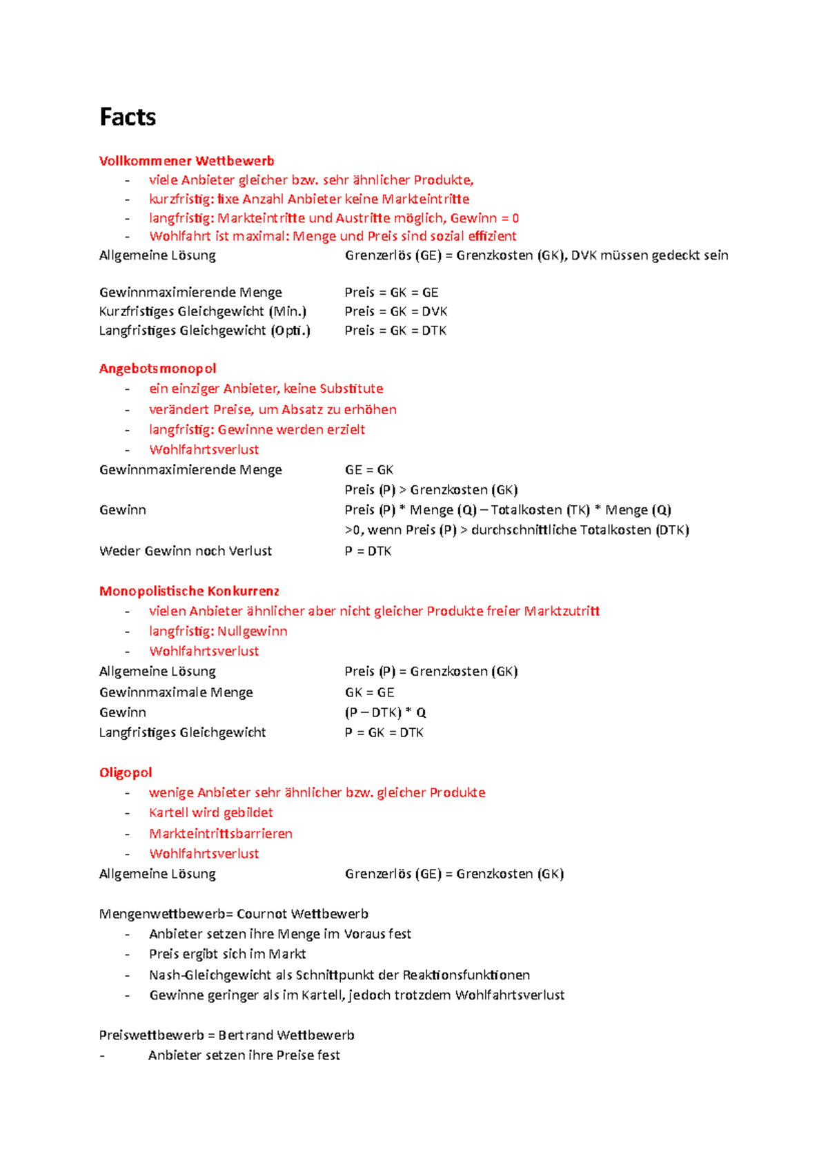 Facts - Wichtige Begriffe und Formeln - Facts Vollkommener Wettbewerb ...