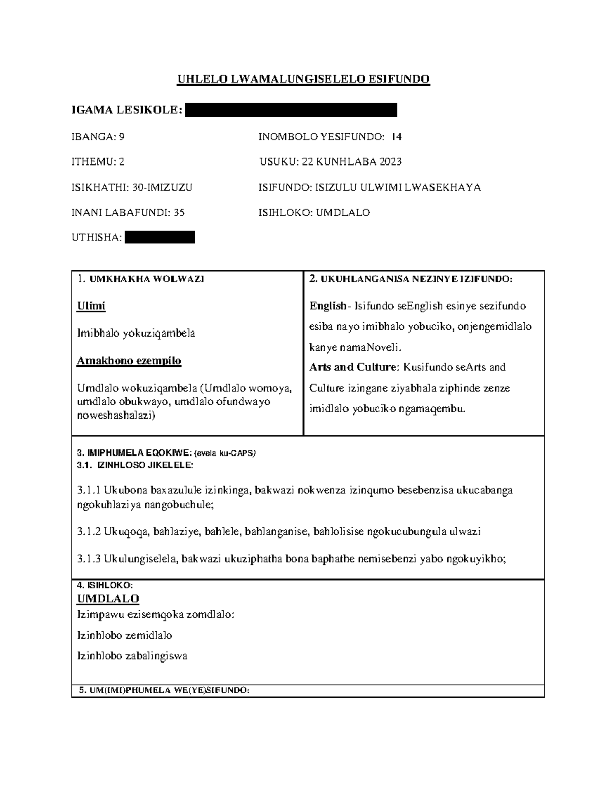 Lesson plan( Isizulu) - Uhlelo lwesifundo sesizulu - UHLELO ...