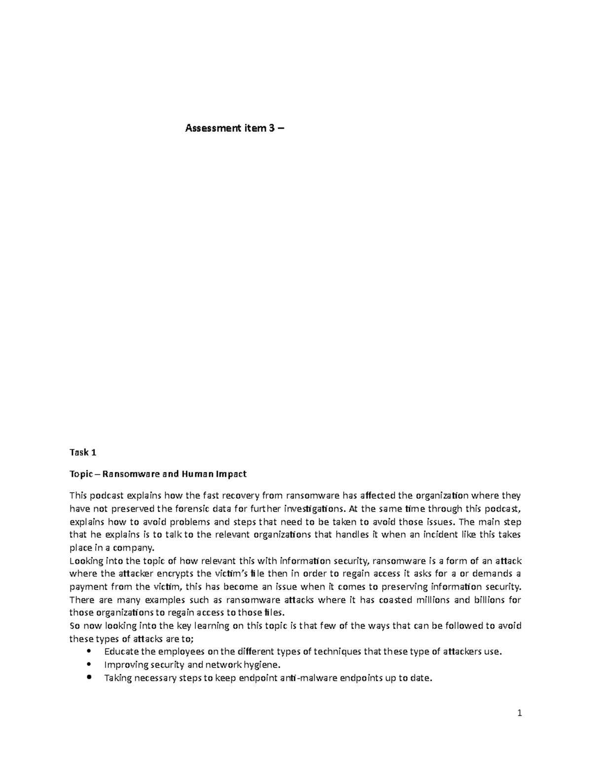 Sessment item 3-SA - Assignment - Assessment item 3 – Task 1 Topic ...