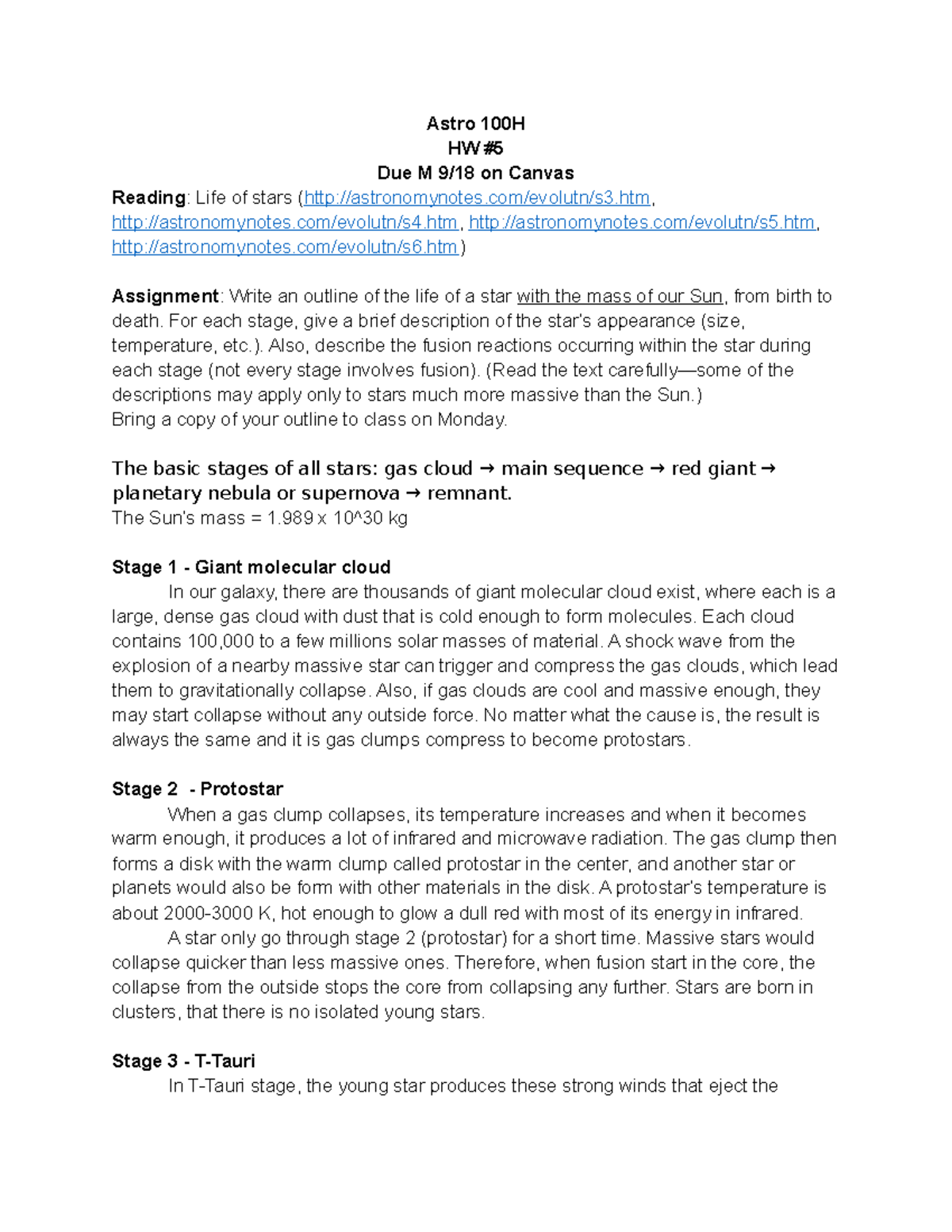 Astro Hw #5 - Homework #5 - Astro 100H HW #5 Due M 9/18 on Canvas Reading: Life of stars - Studocu