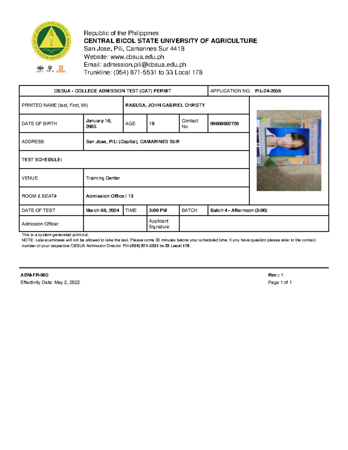 Exampermit 2024-03-01 - Republic of the Philippines CENTRAL BICOL STATE ...