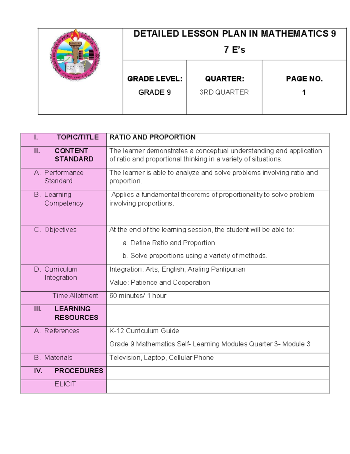 7E's Detailed Lesson PLAN - I. TOPIC/TITLE RATIO AND PROPORTION II ...