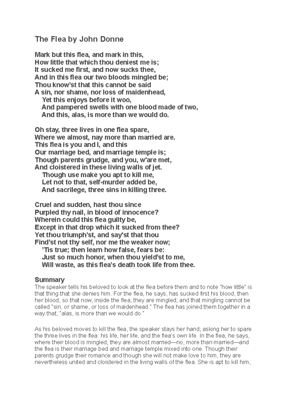 The Flea by John Donne - study material - The Flea by John Donne Mark ...