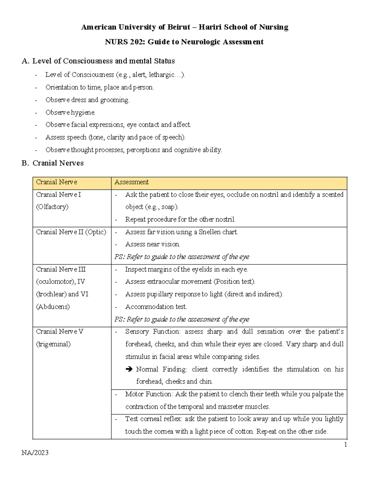 Lab11-Guide to Neurologic Assessment - American University of Beirut ...