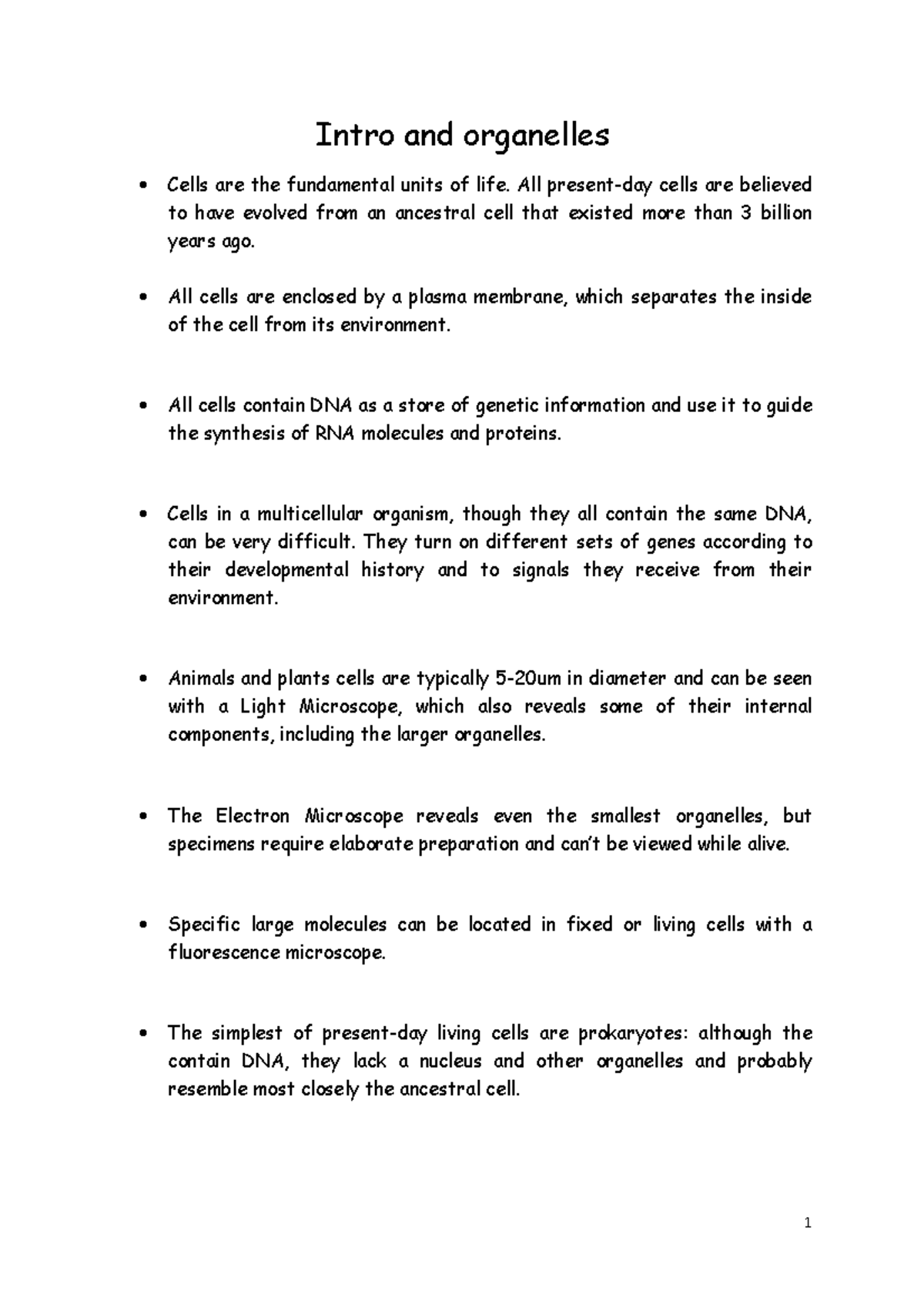 Med Cell revision notes - Intro and organelles Cells are the ...