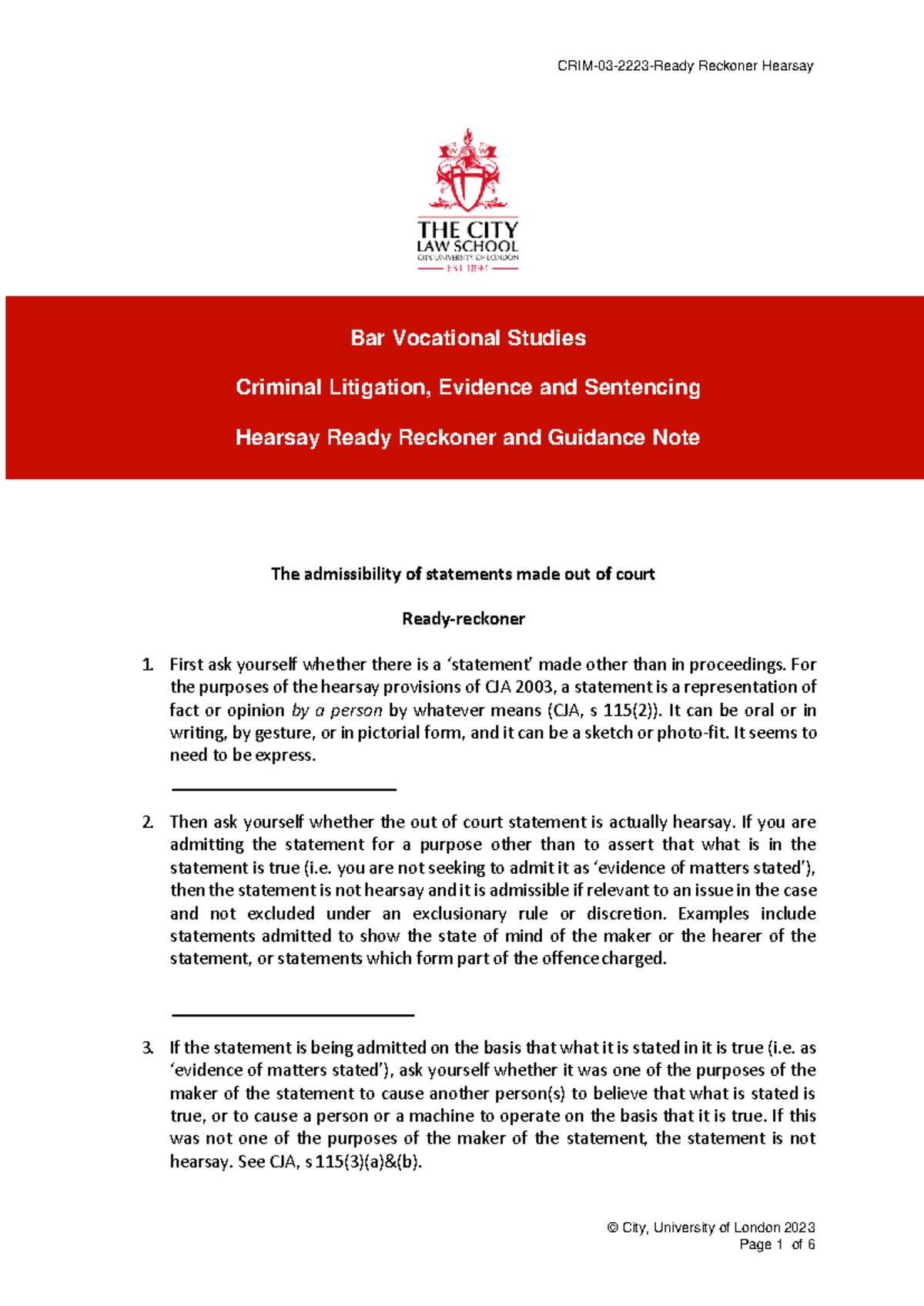 BVS Hearsay Ready Reckoner - © City, University of London 2023 The ...