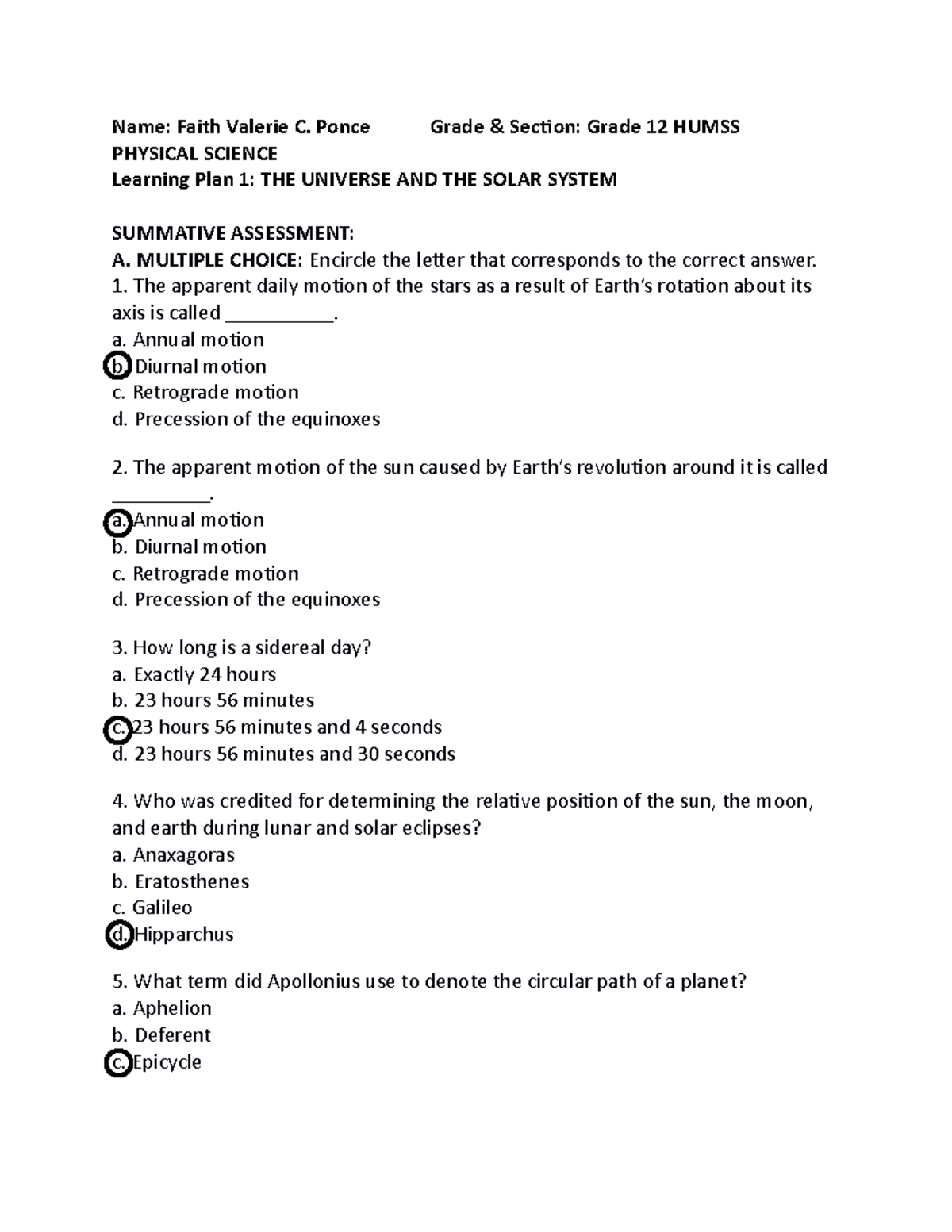 Ponce 4th Qtr Physical Science - Name: Faith Valerie C. Ponce Grade ...