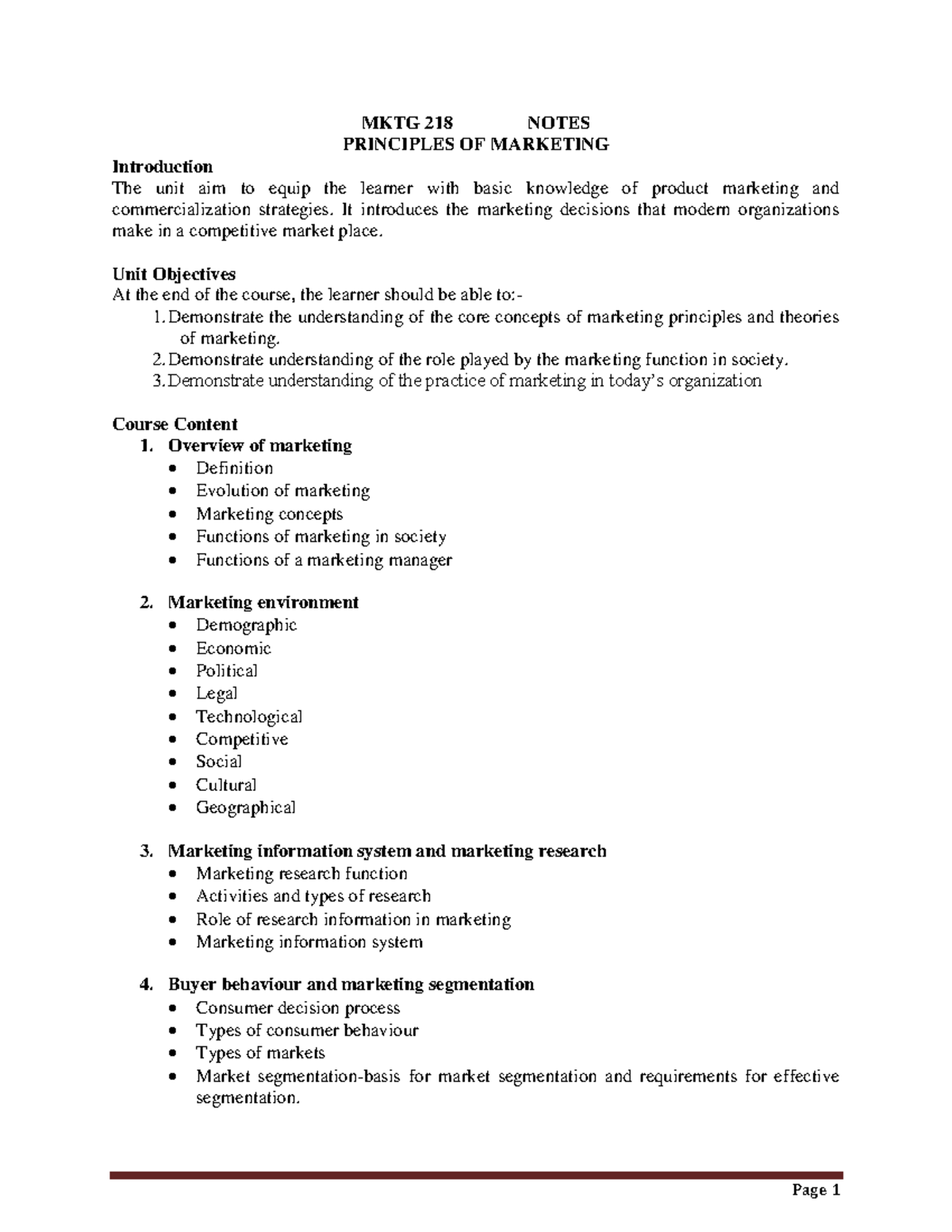 MKTG 218 Notes Principles OF Marketing - MKTG 218 NOTES PRINCIPLES OF ...