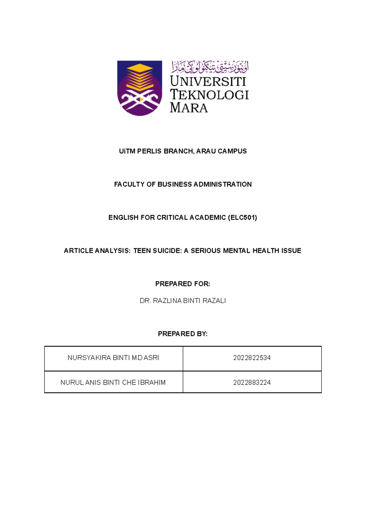 ELC Article Analysis - UiTM PERLIS BRANCH, ARAU CAMPUS FACULTY OF ...