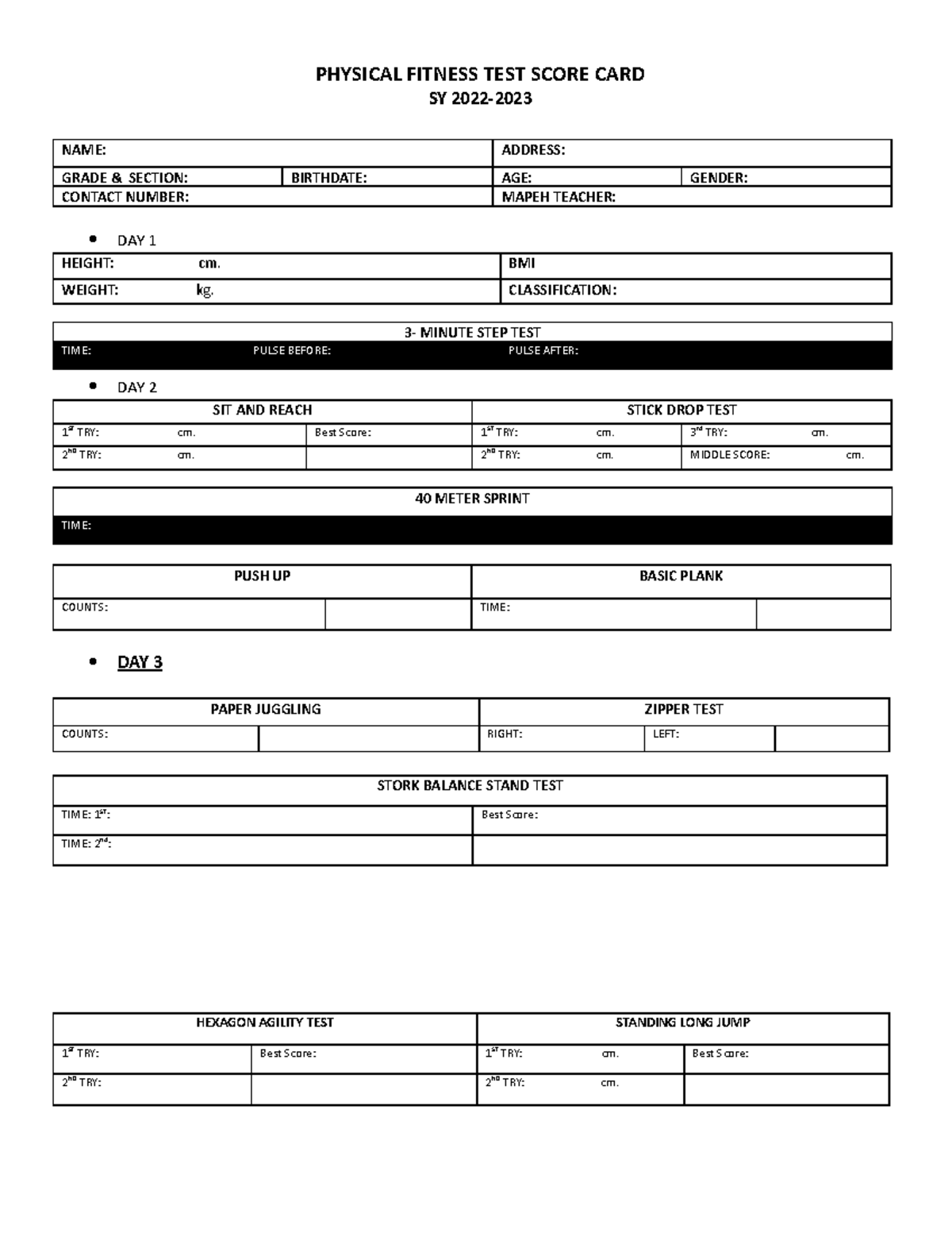 Physical Fiitness Test Score Card - PHYSICAL FITNESS TEST SCORE CARD SY ...