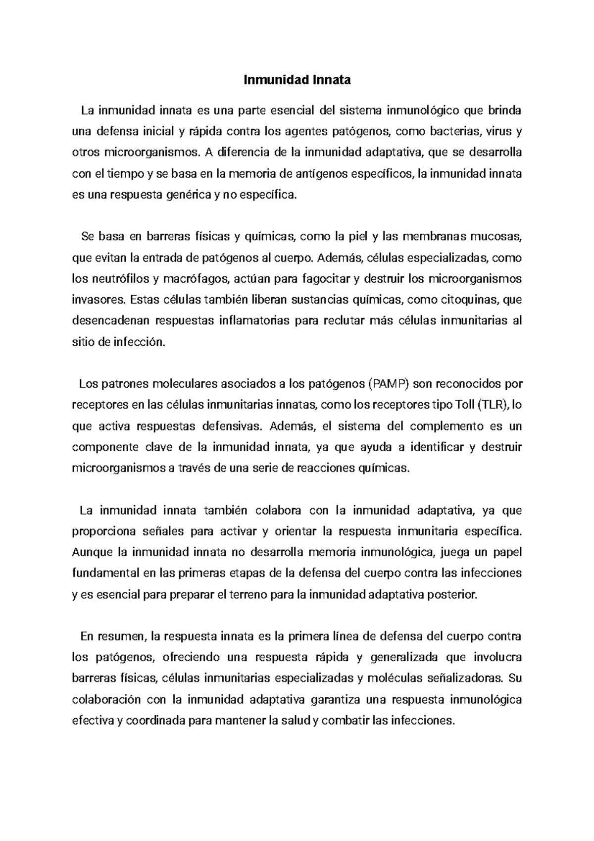 Informe - Inmunidad innata - Inmunidad Innata La inmunidad innata es ...