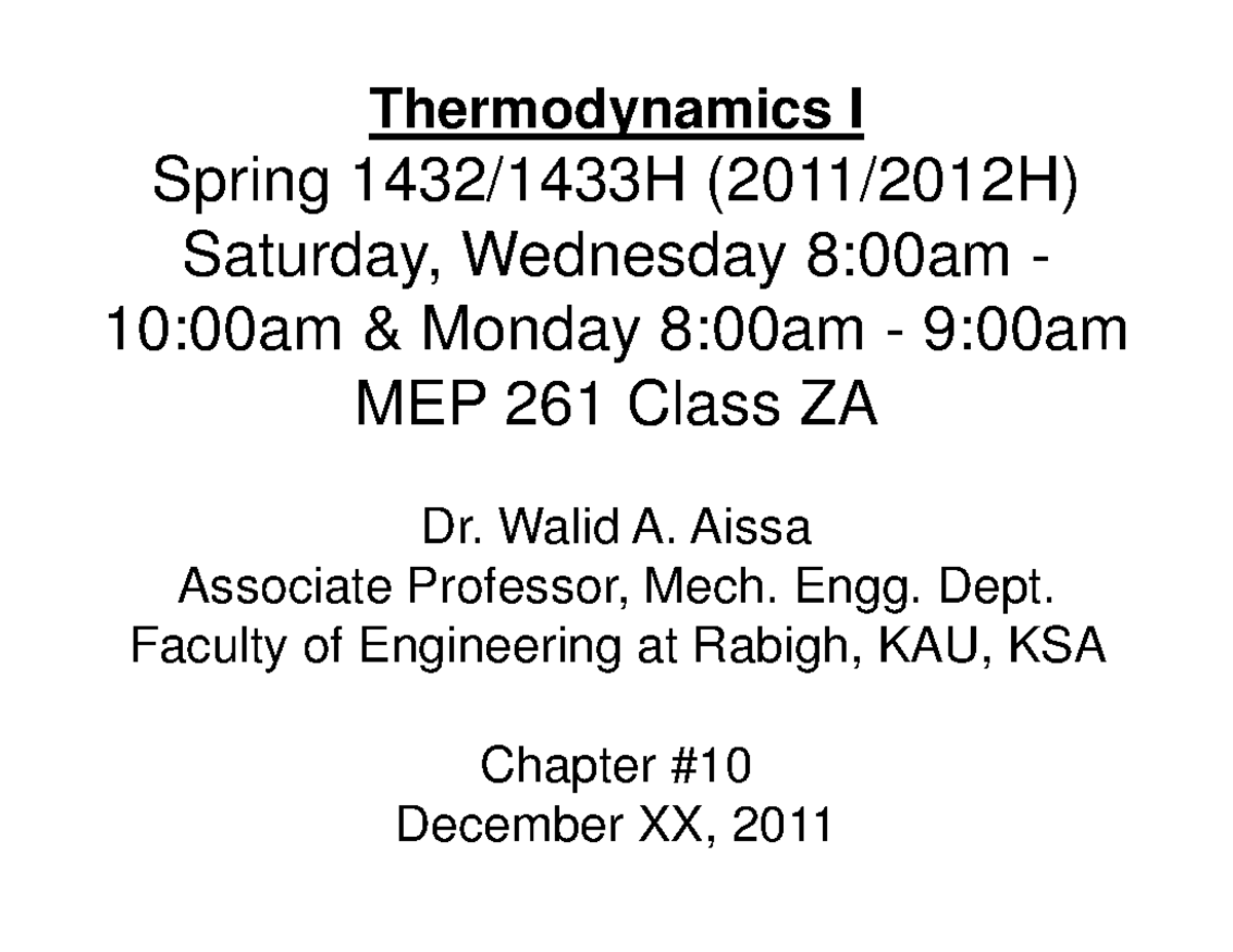 Aissa thermo 1 chapter 10 - Thermodynamics I Spring 1432/1433H (2011 ...