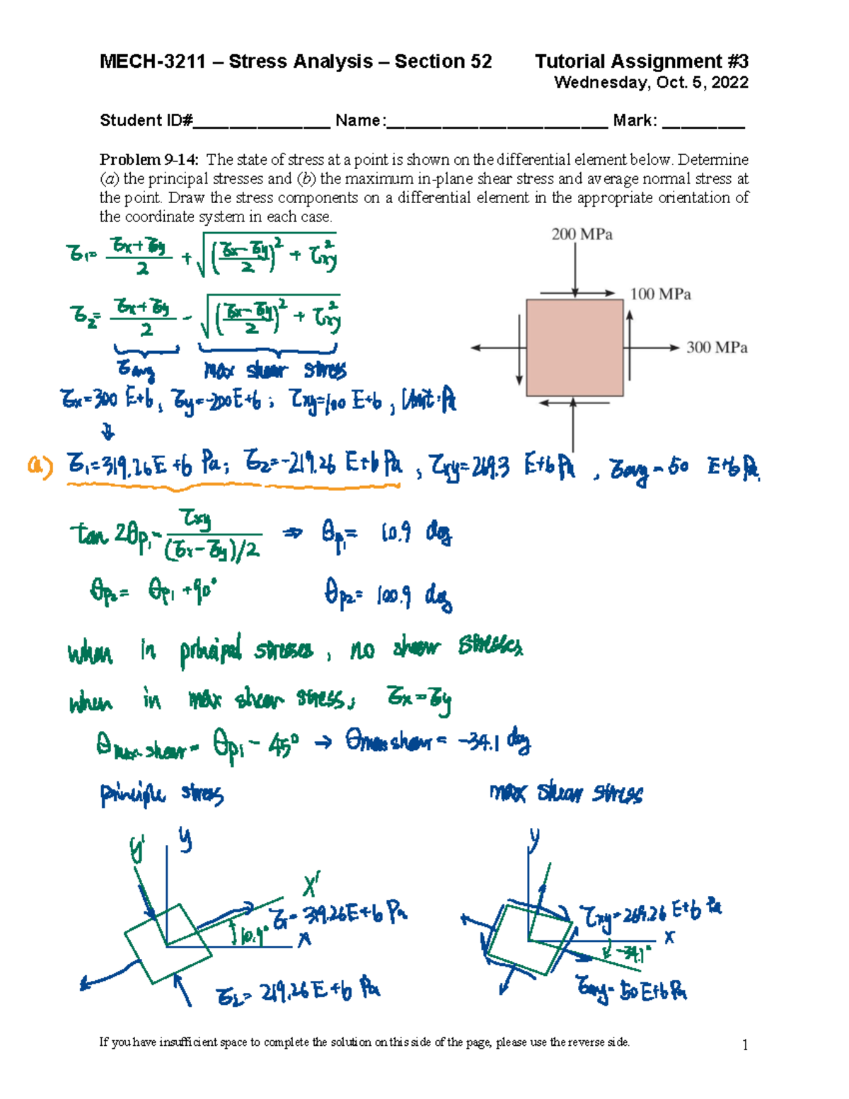 MECH 3211 TA3 52 solutions - MECH-3211 – Stress Analysis – Section 52 Tutorial Assignment ...