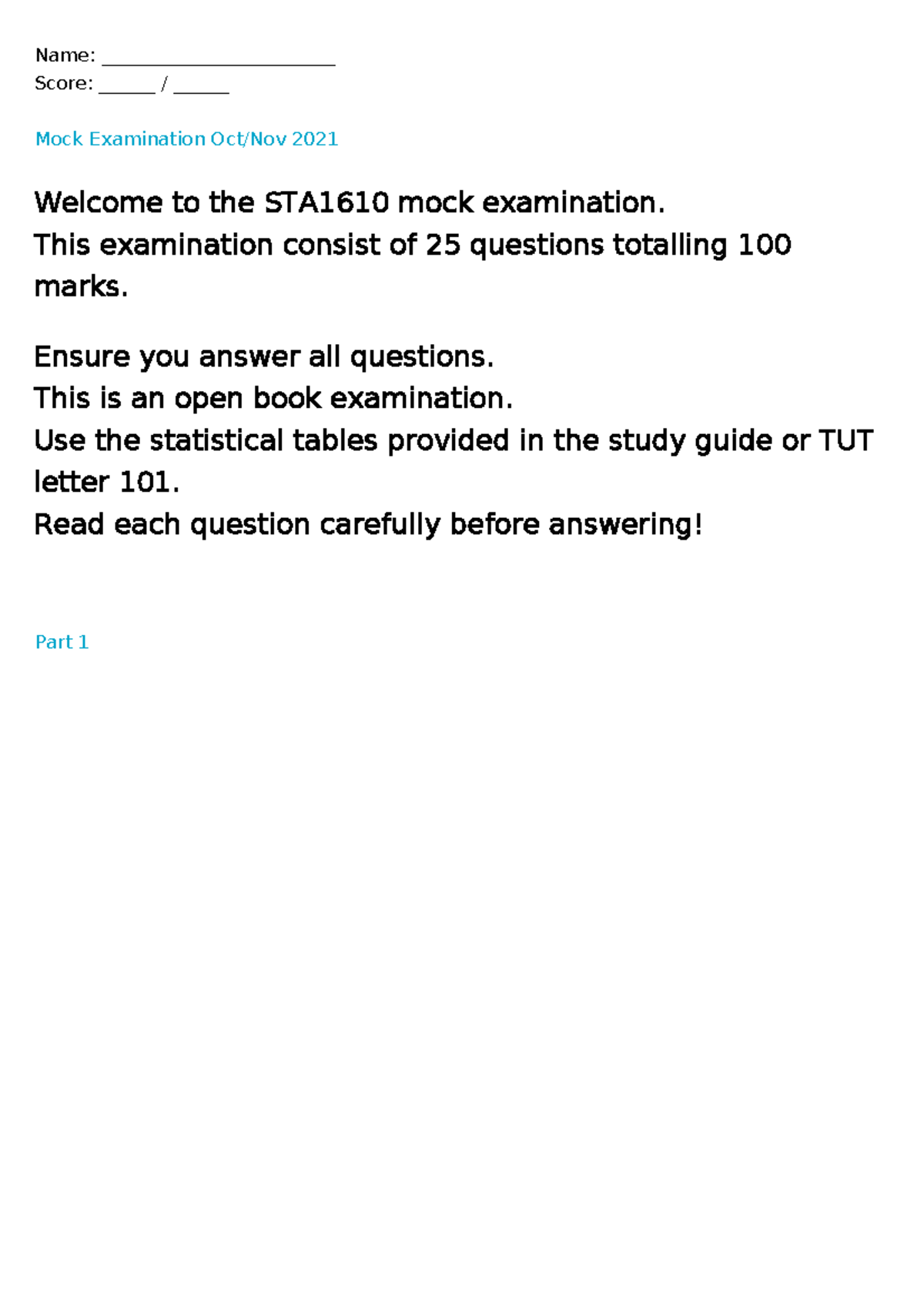 Mock Exam20210927 - Name: _________________________ Score: ______ / ______ Mock Examination Oct ...