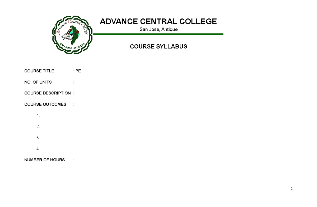 New Syllabus Template Blank - ADVANCE CENTRAL COLLEGE San Jose, Antique ...