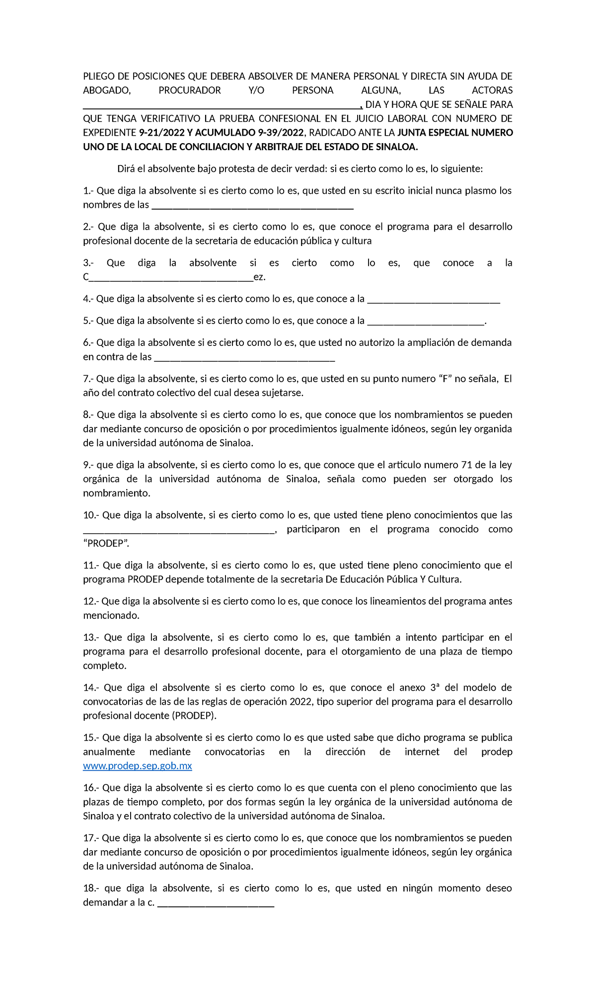 Pliego de maestras - MUESTRA DE PLIGO DE POSIIONES EN AUDIENCIA DE ...