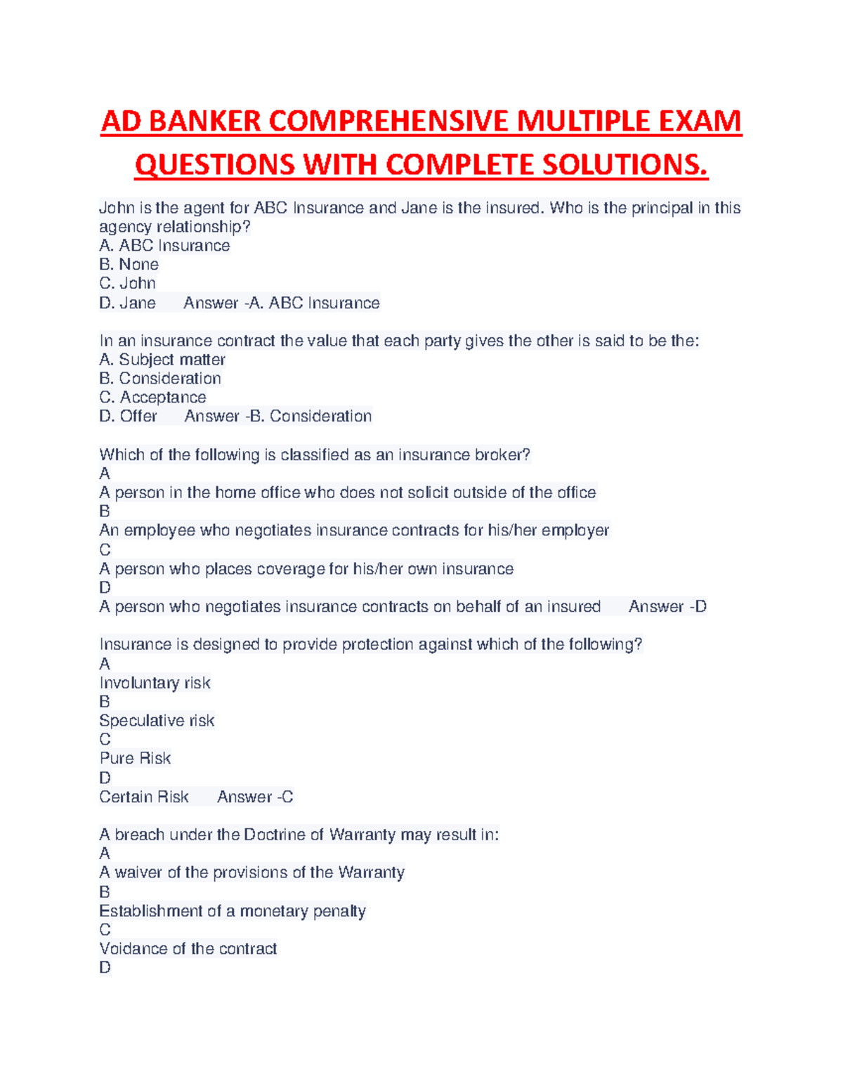 AD 4 - EXAM QUESTIONS - AD BANKER COMPREHENSIVE MULTIPLE EXAM QUESTIONS ...