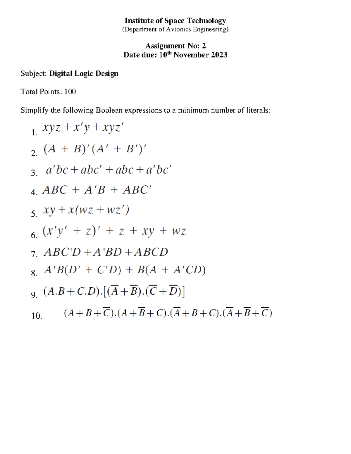 DLD Assignment No 2 - Digital logic design - Institute of Space Technology (Department of ...