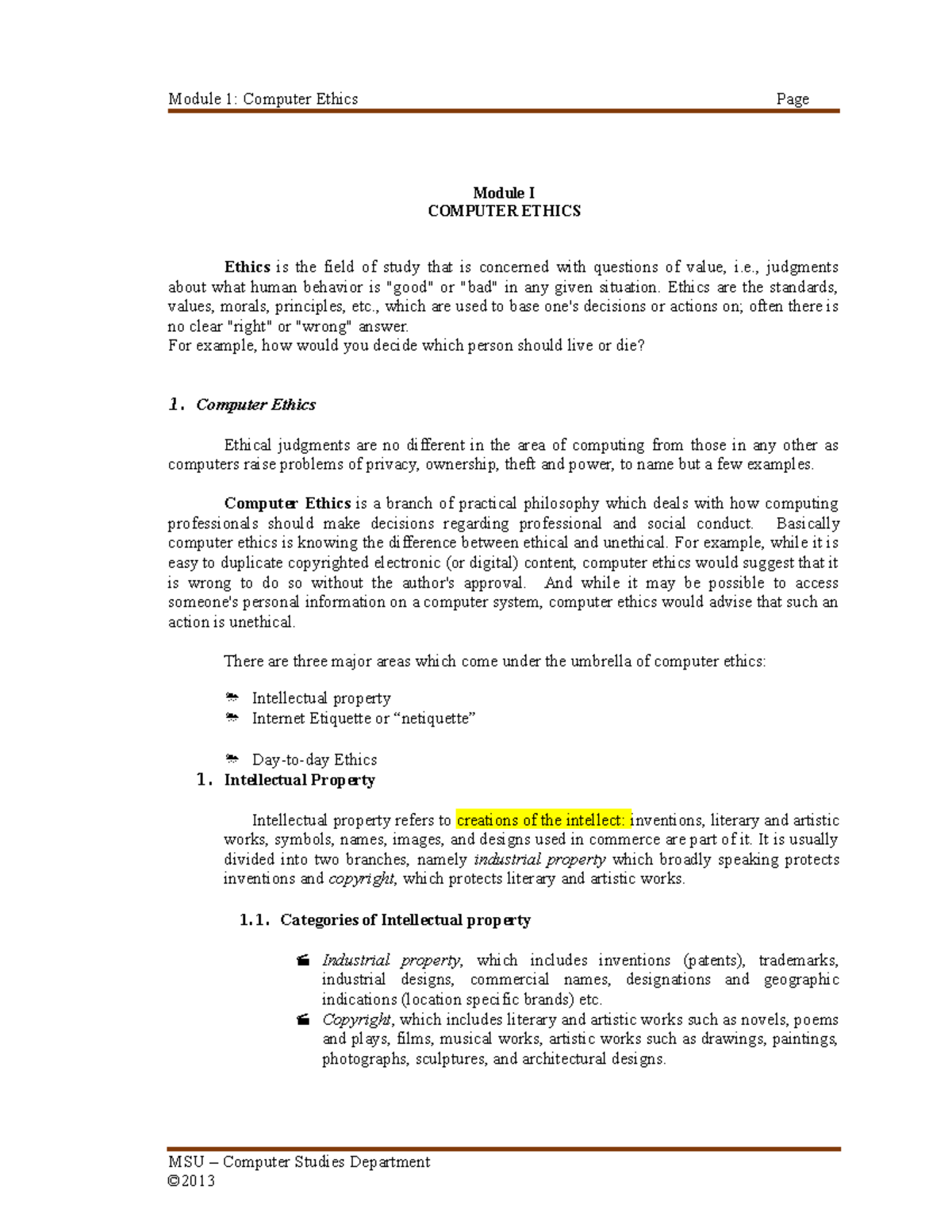 Module 1 - Introduction to Computer Science - Module 1: Computer Ethics ...