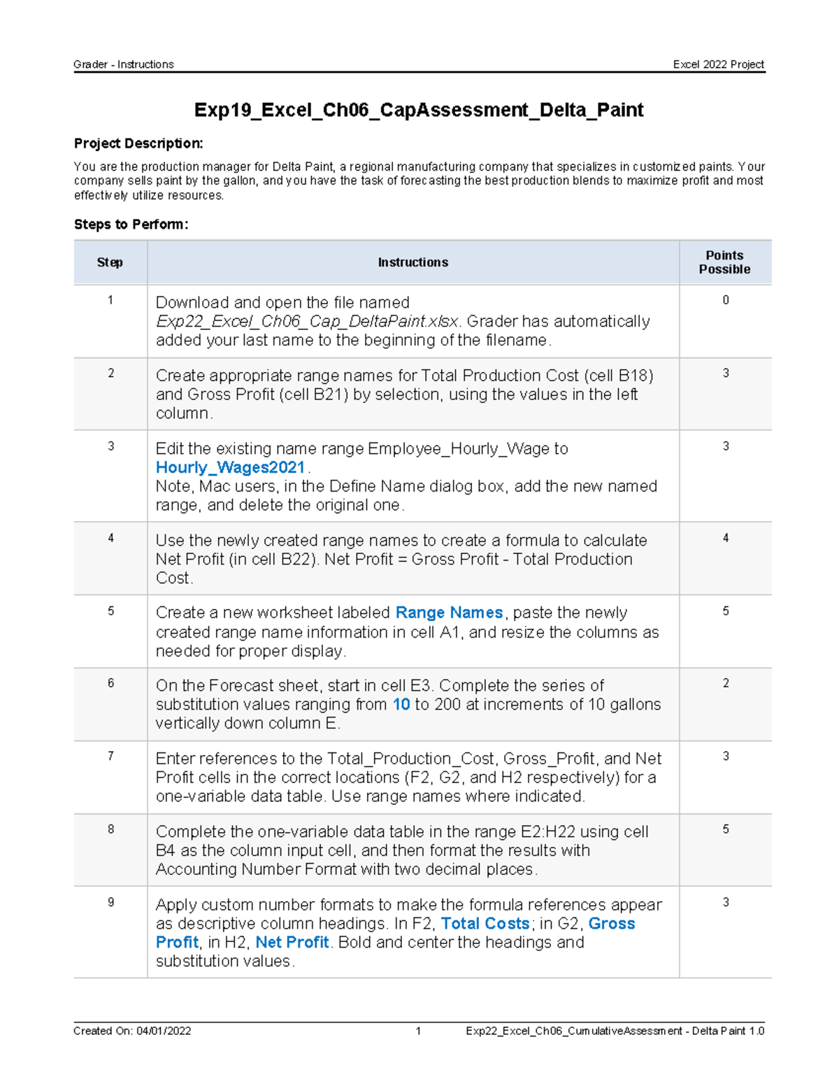 Exp19 Excel Ch06 Cap Assessment Delta Paint Instructions - Grader - Instructions Excel 2022 ...