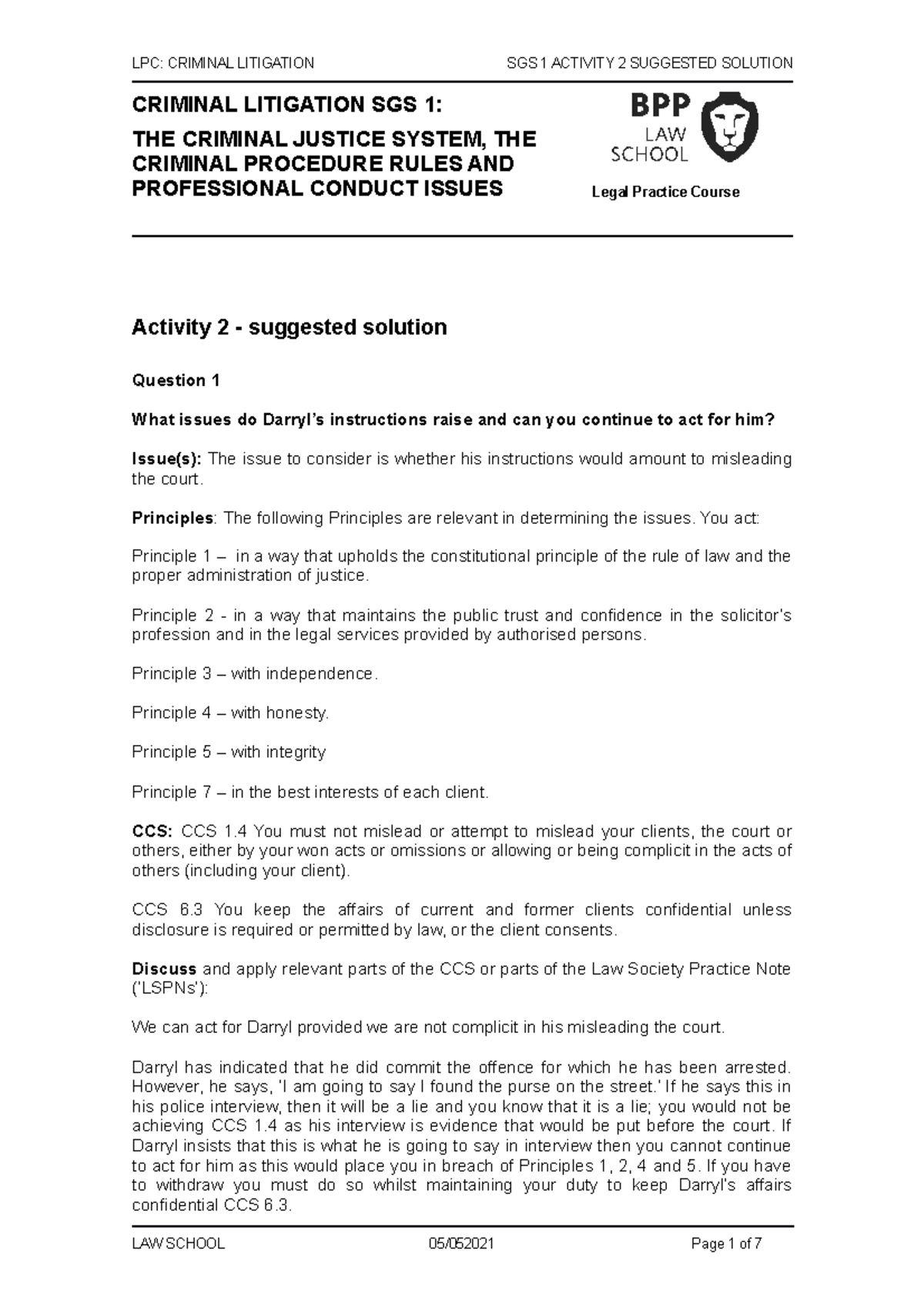 Criminal Litigation SGS 1 Activity 2 Solution 21-22 - LPC: CRIMINAL ...