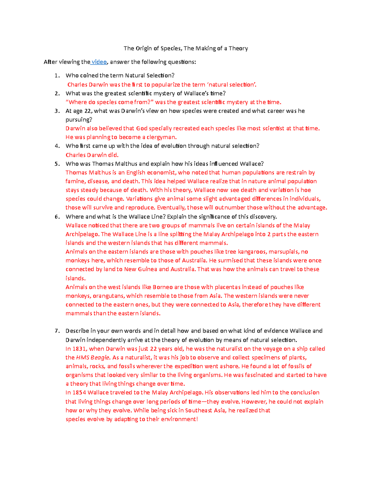 Activity 1- The Origin of Species- done - The Origin of Species, The ...