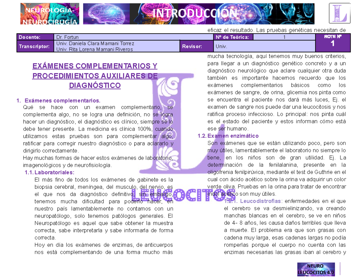 NEU-8- Examenes Complementarios. Dr Fortun - EXÁMENES COMPLEMENTARIOS Y ...