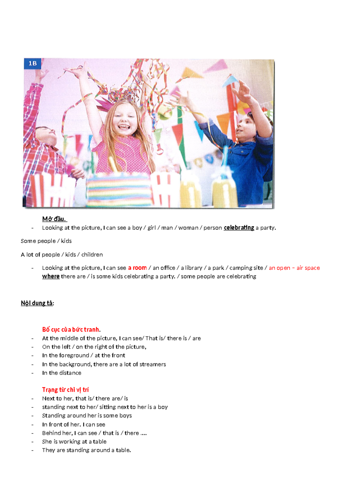 CẤU TRÚC BÀI TẢ Tranh - Part 2 speaking B1 - Mở đầu. Looking at the ...