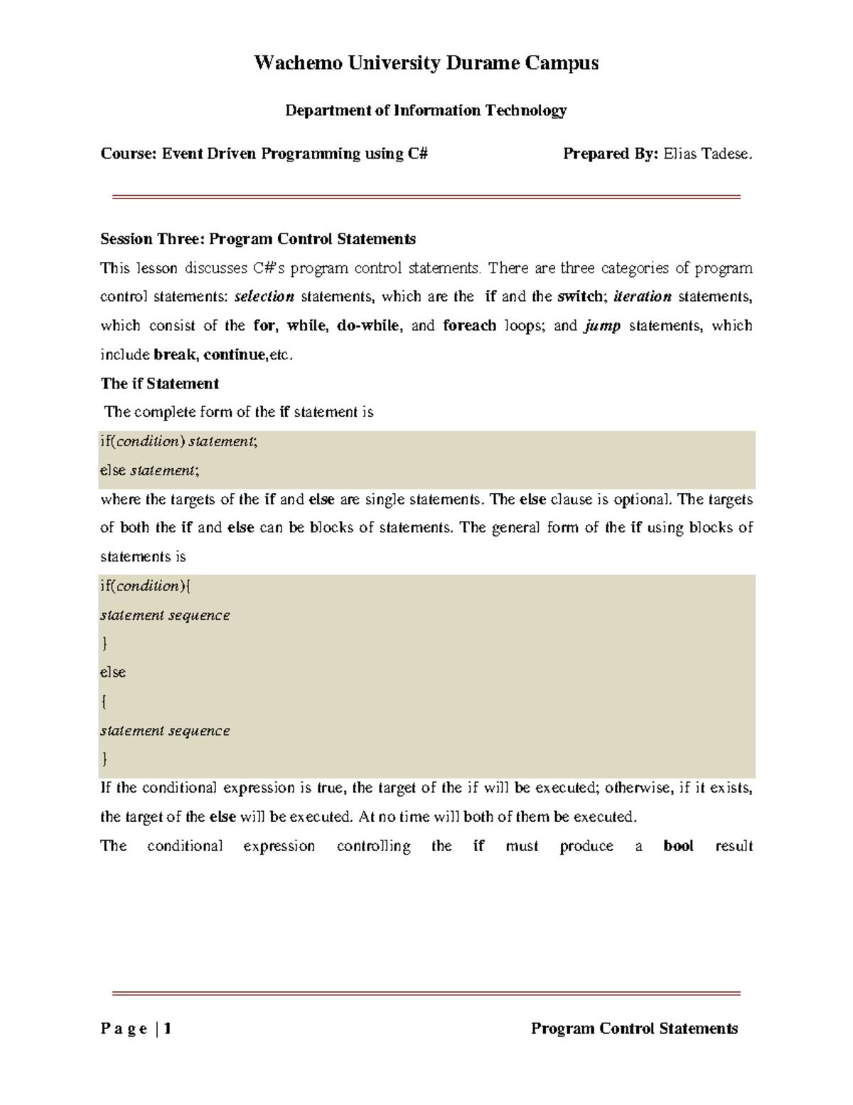 Chapter 3 Program Control Statements - Wachemo University Durame Campus Department of ...