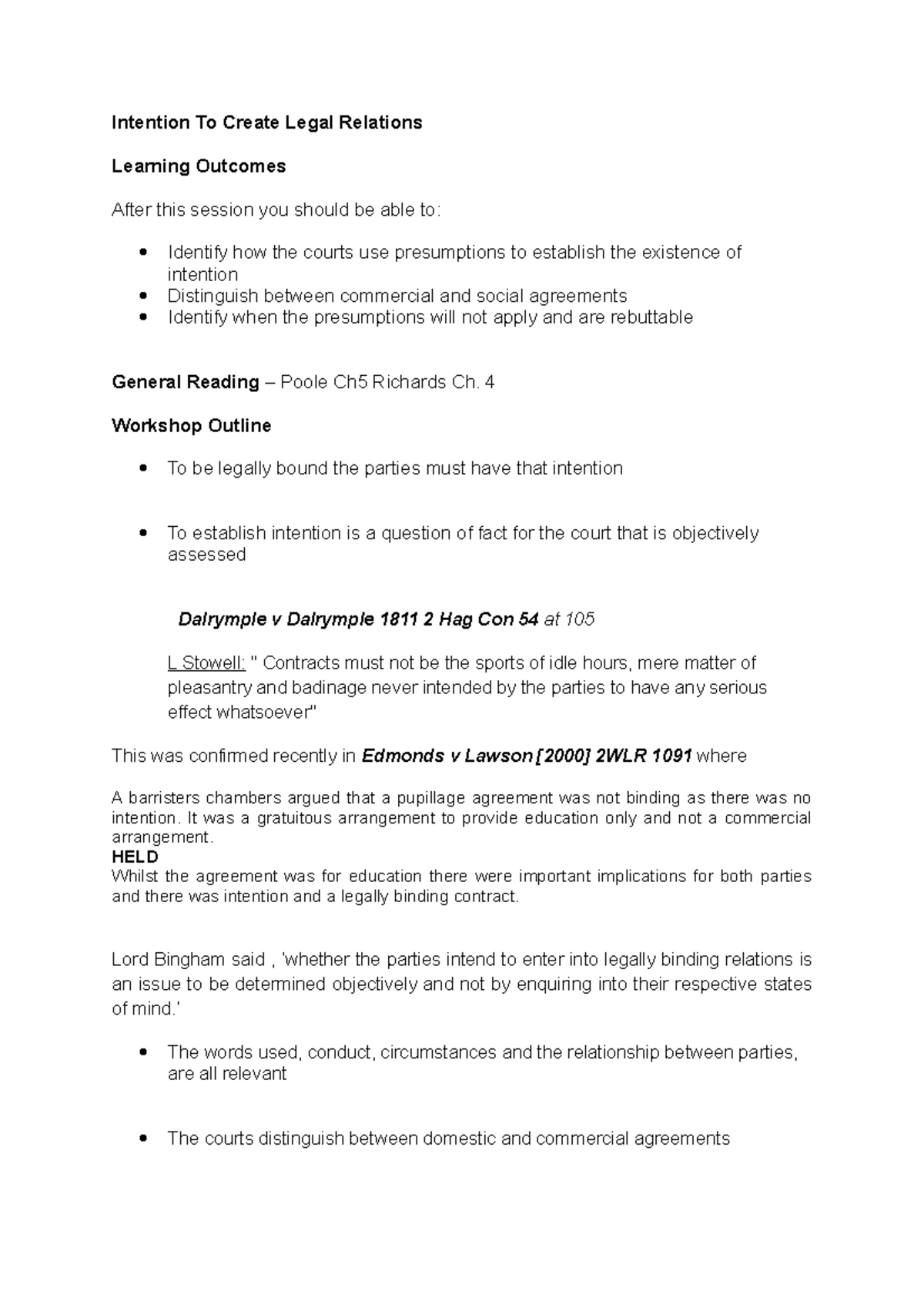 Intention - notes - Intention To Create Legal Relations Learning ...