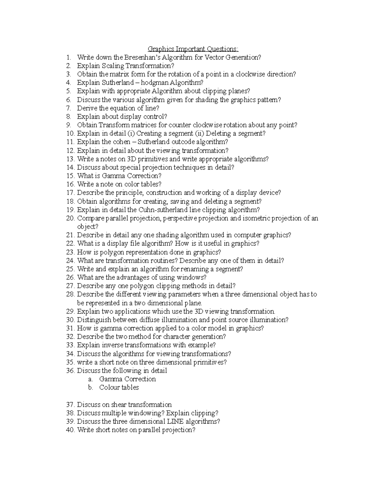 Computer Graphics - final year students - Graphics Important Questions ...