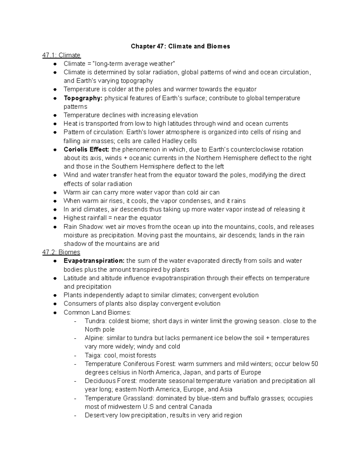 Biology 1108 Chapter 47 Notes - Chapter 47: Climate and Biomes 47 ...