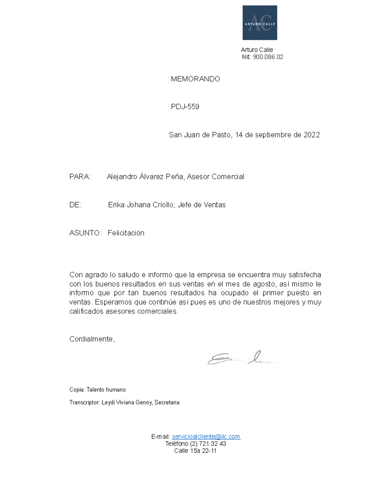 3. Memorando - Arturo CalleNit: 900. MEMORANDO PDJ- San Juan de Pasto ...