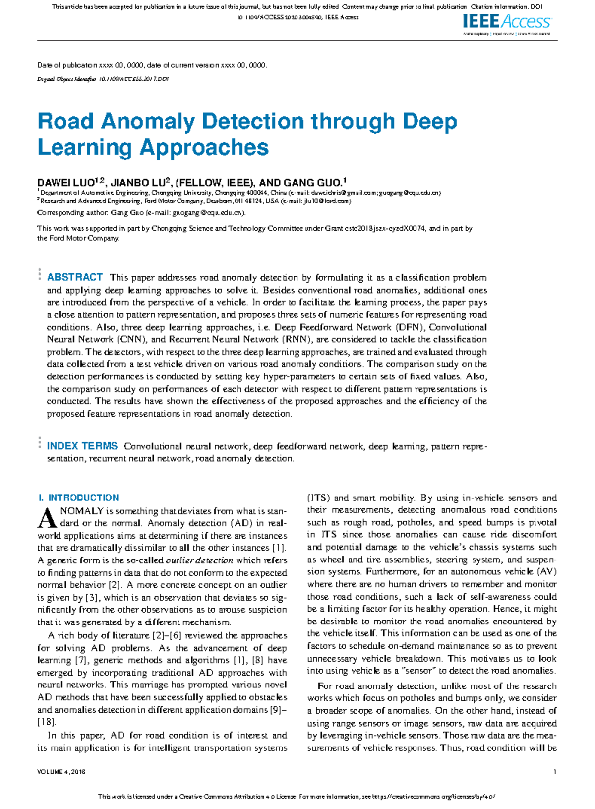 Road Anomaly Detection Through Deep Learning Appro 10 1109 Access 2020 Ieee Access Date Of