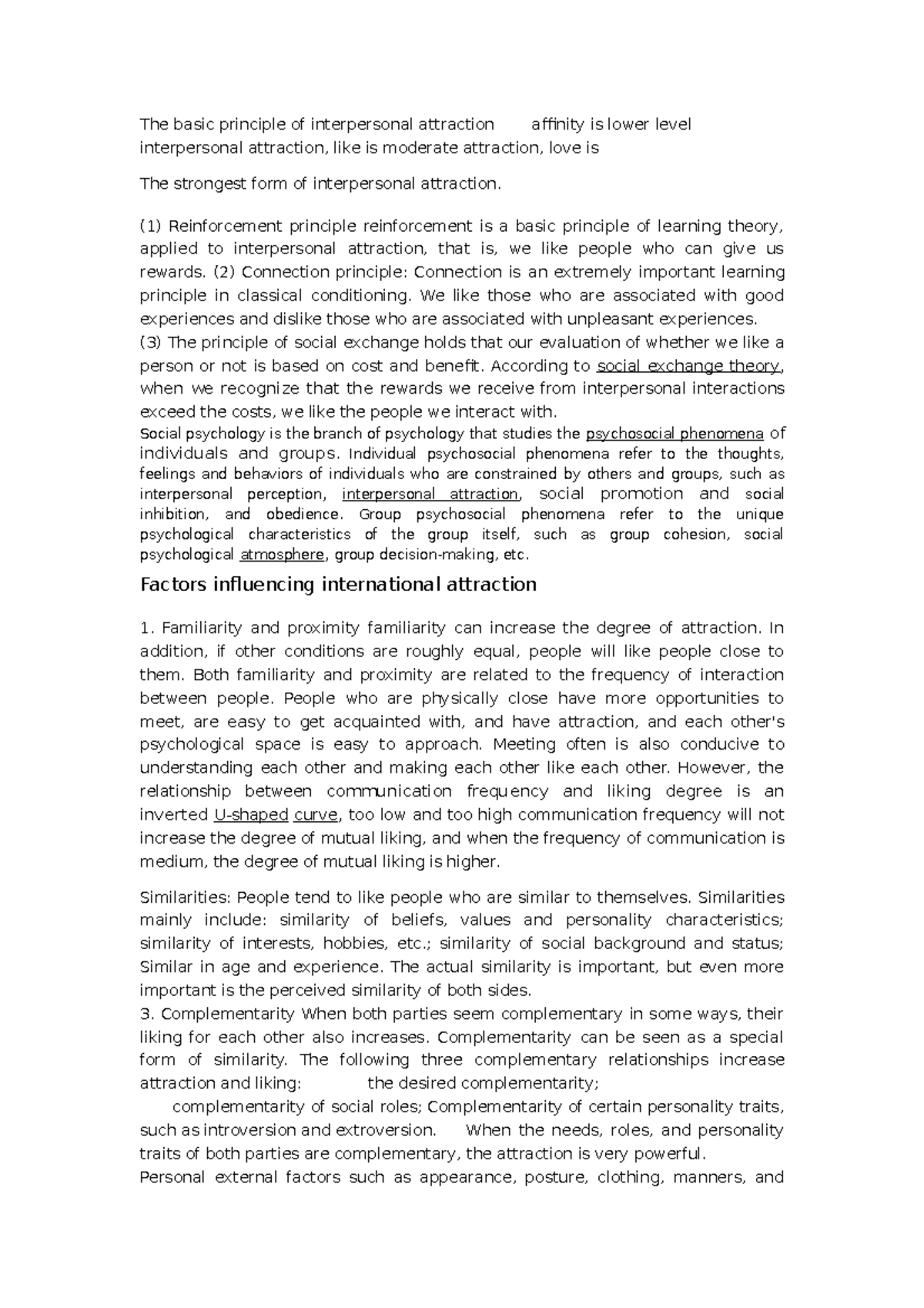 The basic principle of interpersonal attraction - (1) Reinforcement ...