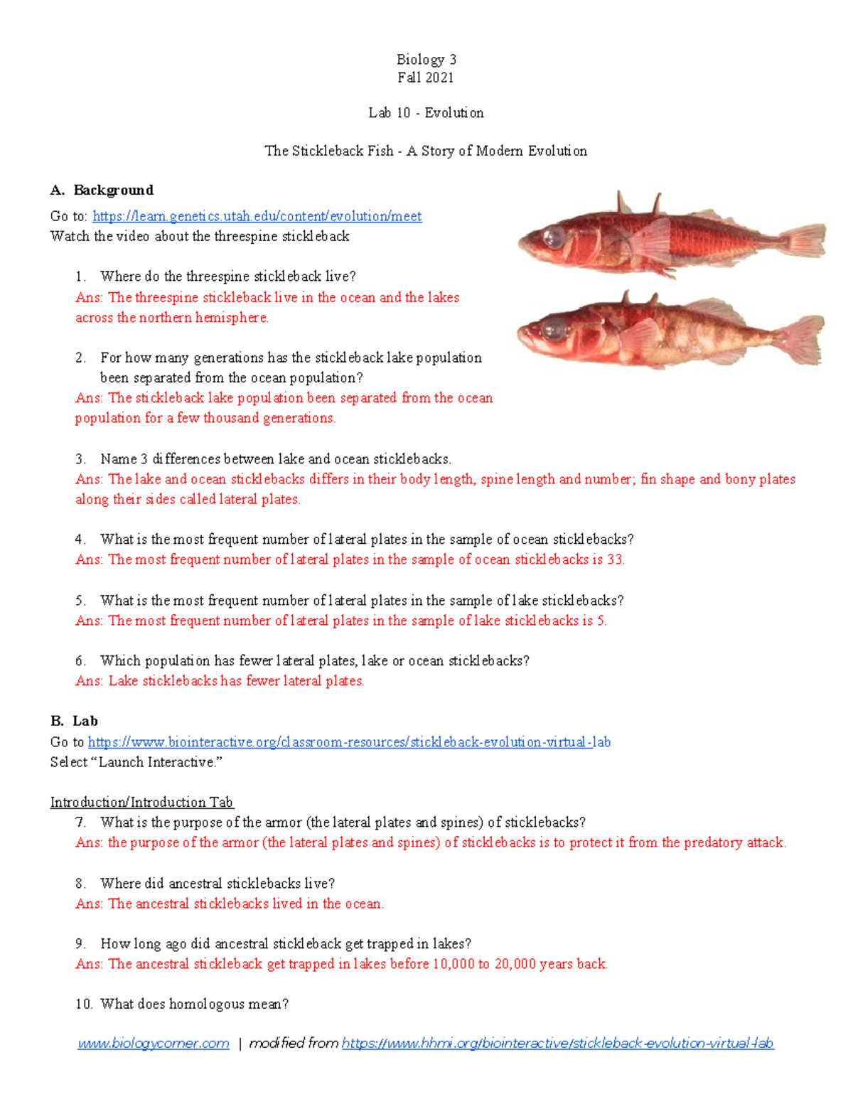Biology 3, Fall 2021, lab 10 evolution, The Stickleback Fish - A Story ...