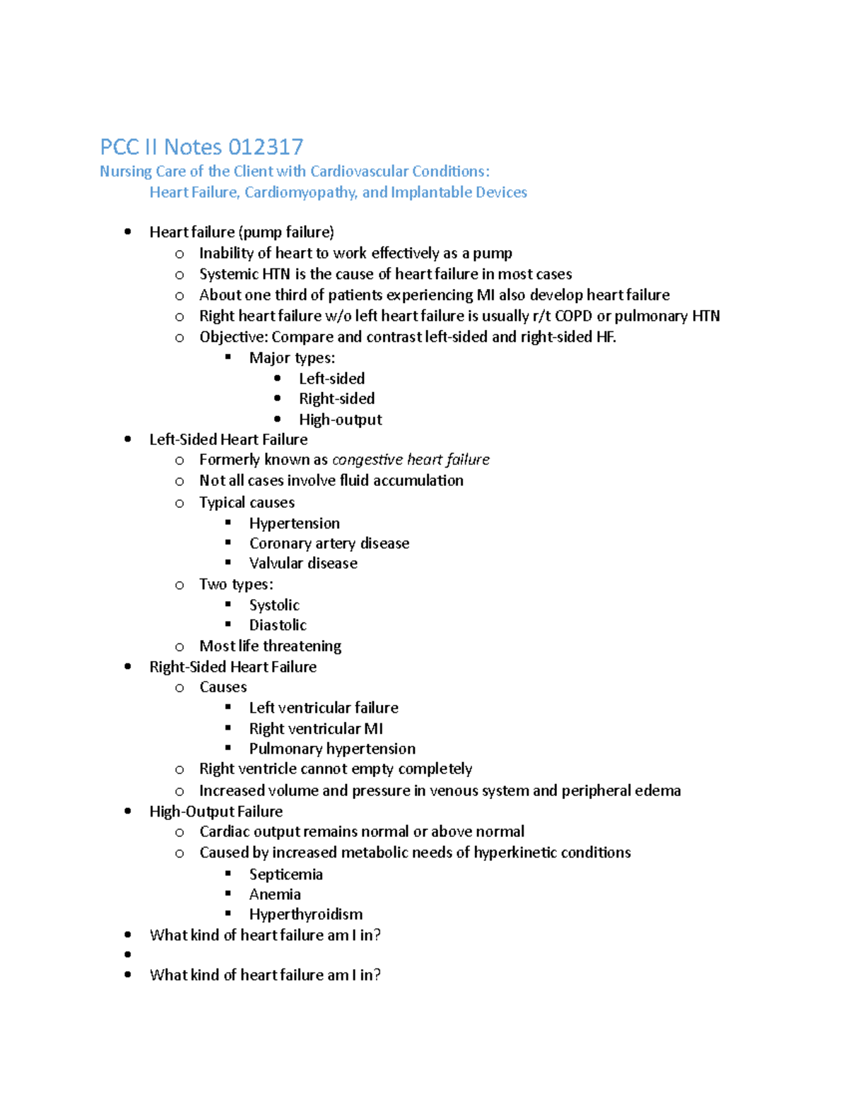 PCC II Notes 012317 - PCC II Notes 012317 Nursing Care of the Client ...