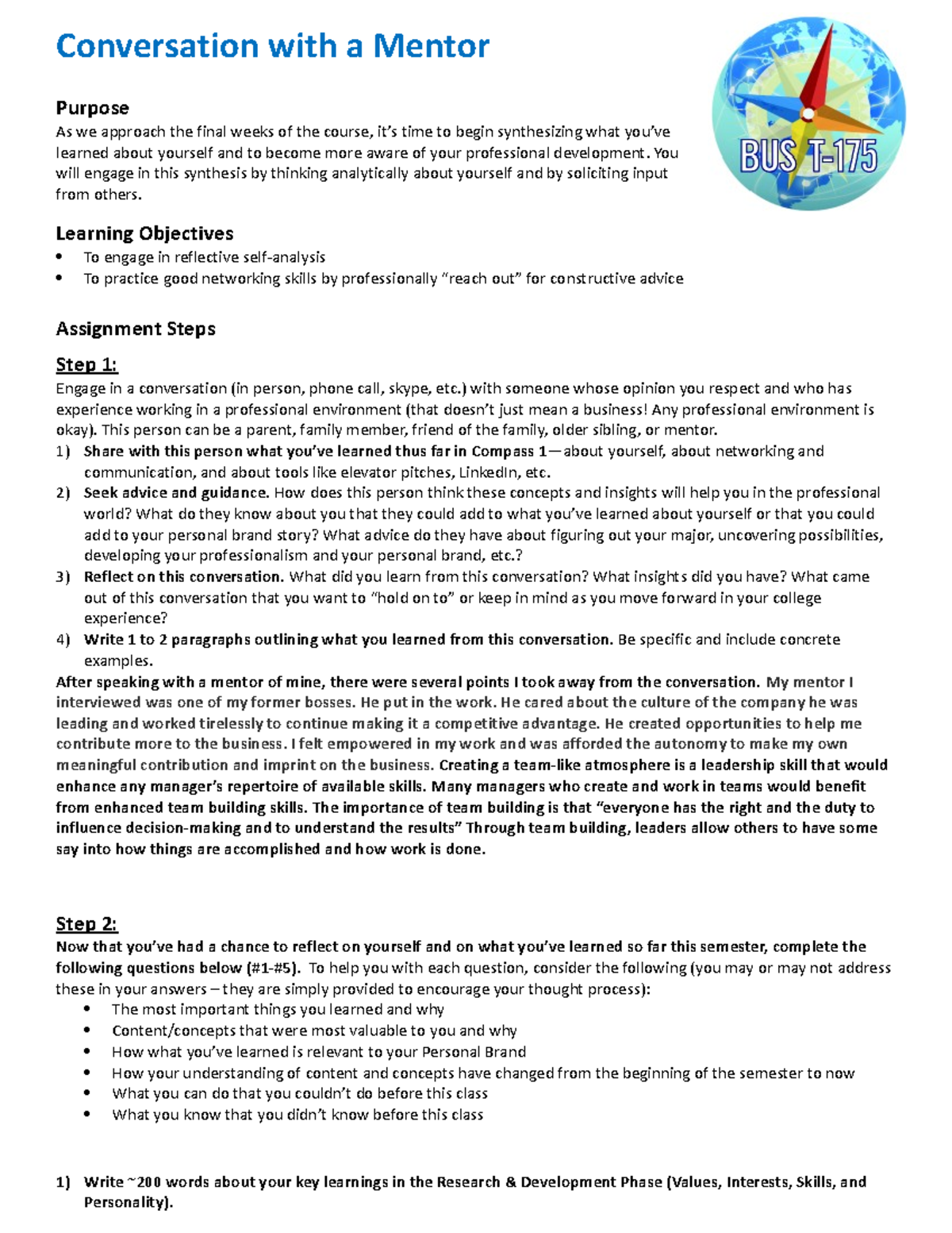 Conversation with a Mentor Assignment Sheet - Conversation with a ...