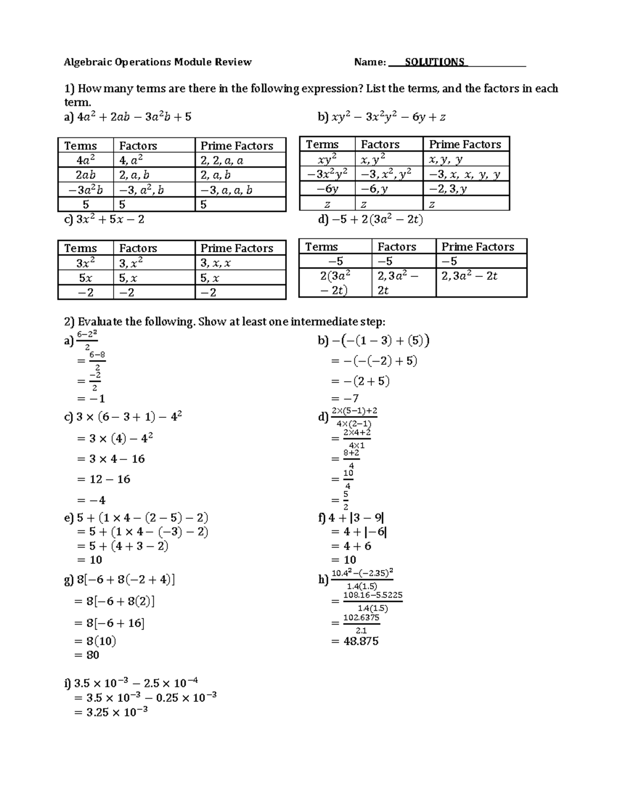Algebraic Operations Review Solutions - Algebraic Operations Module ...