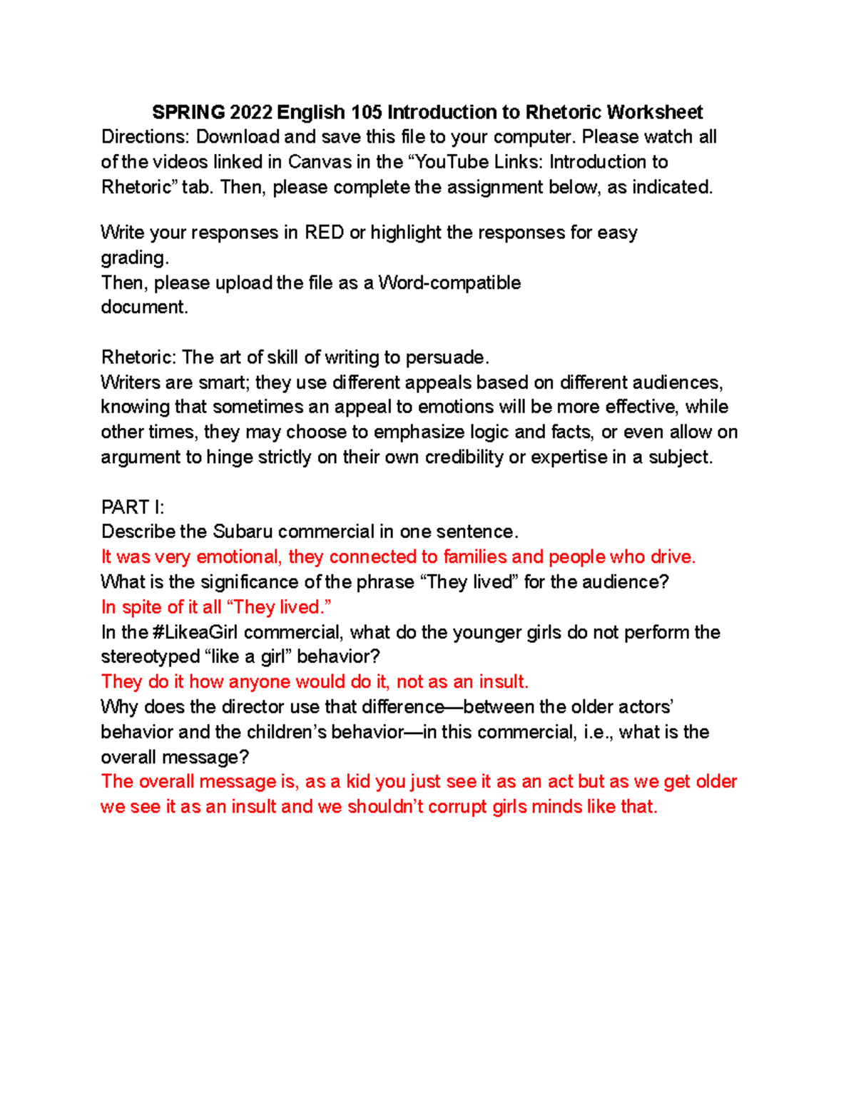 Spring 2022 English 105 Introduction to Rhetoric Worksheet - SPRING ...
