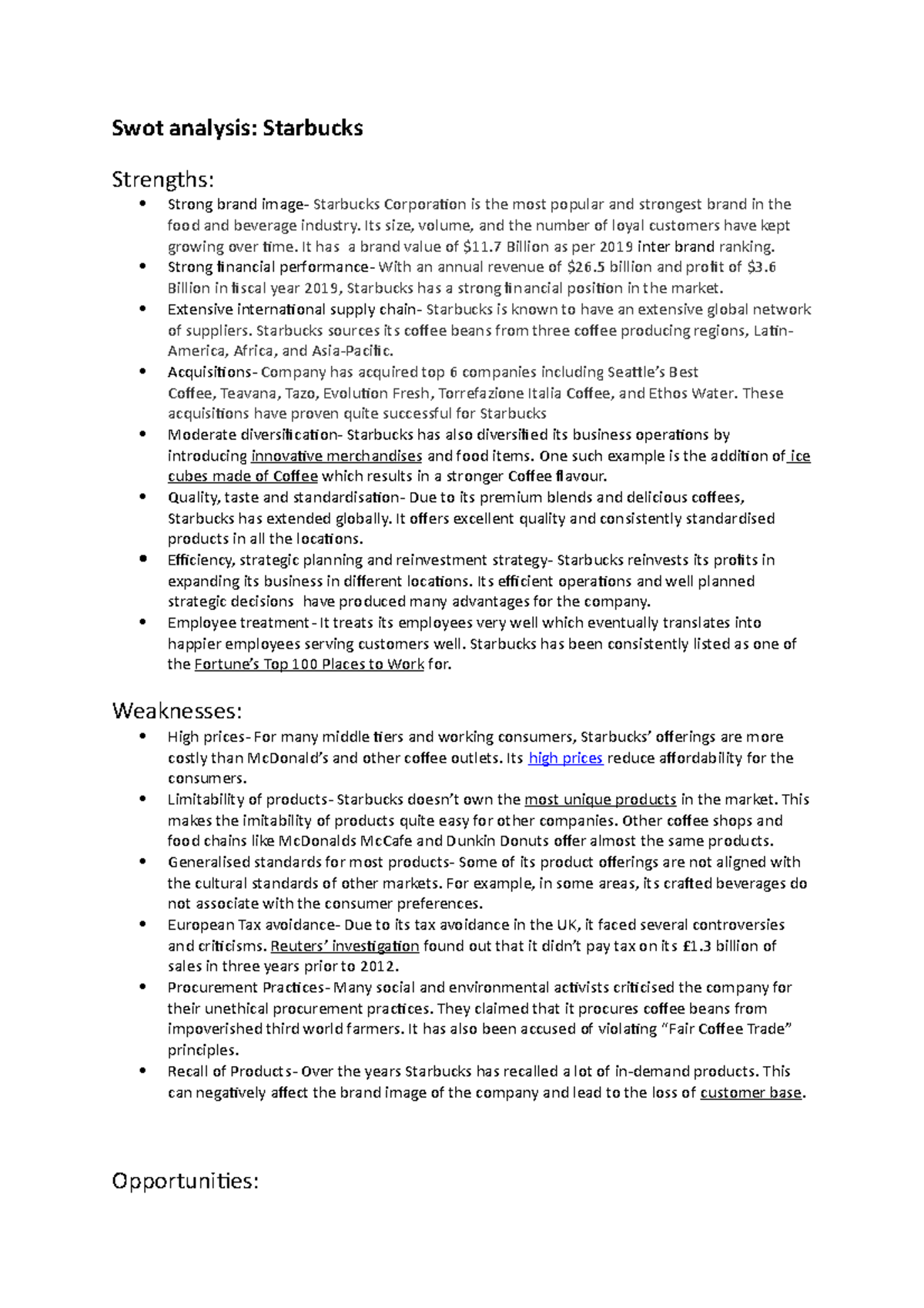 Analysis of SWOT - Swot analysis: Starbucks Strengths: Strong brand ...