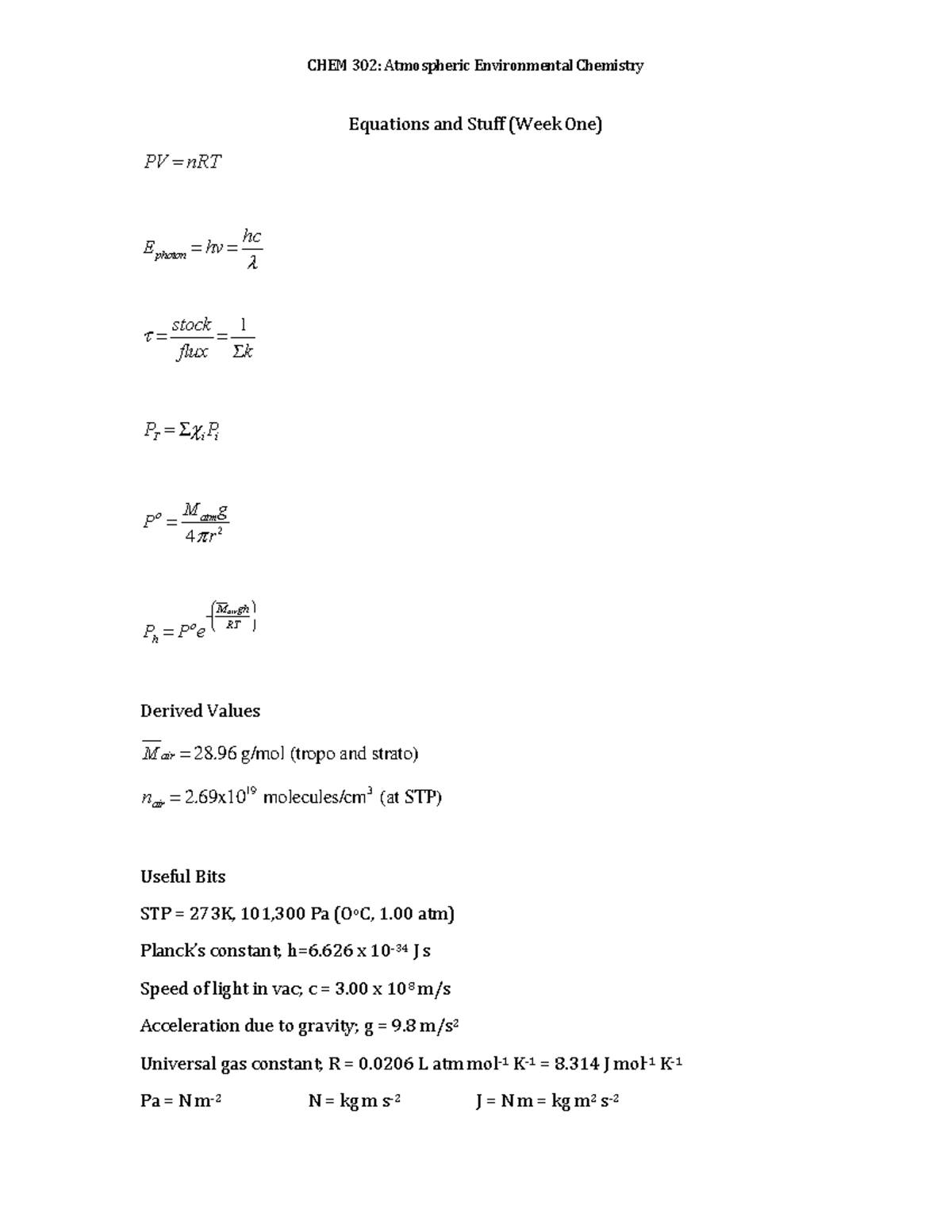 CHEM 302 Equations and Stuff Week One - CHEM 302: Atmospheric ...