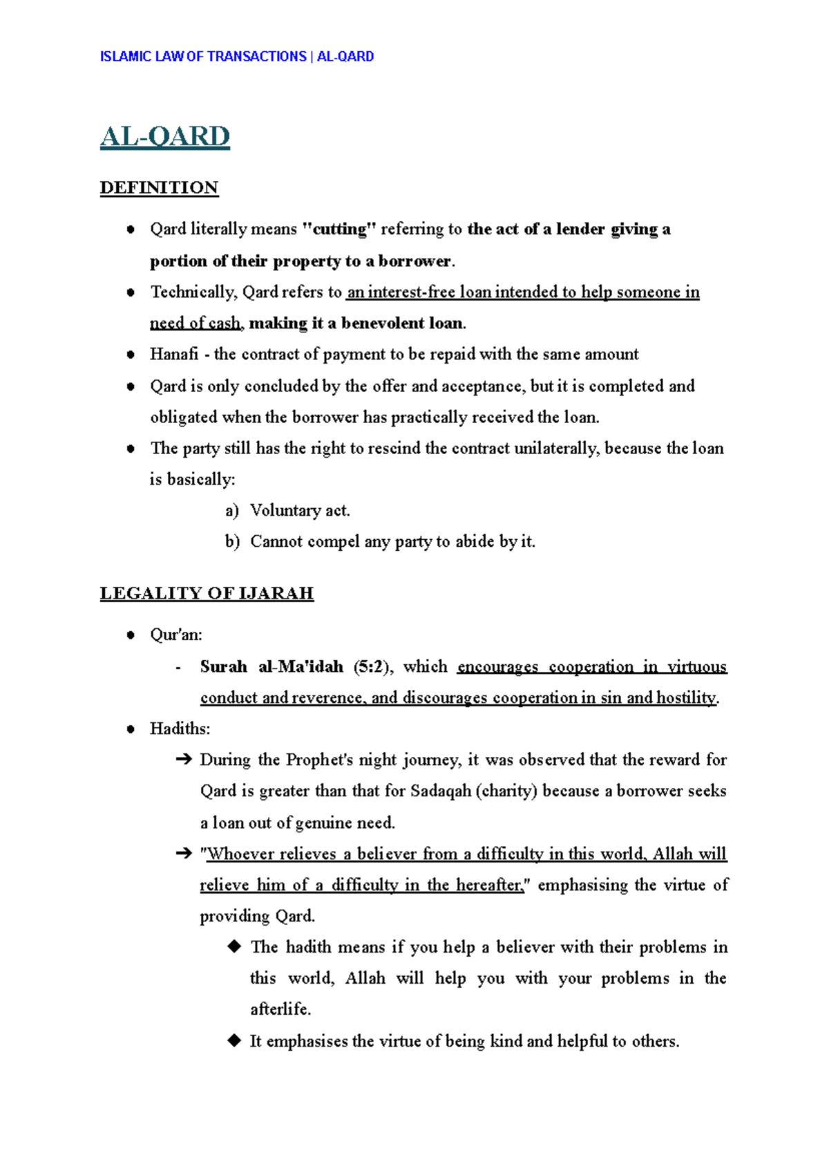 AL-QARD ( Notes) - AL-QARD DEFINITION Qard literally means "cutting ...