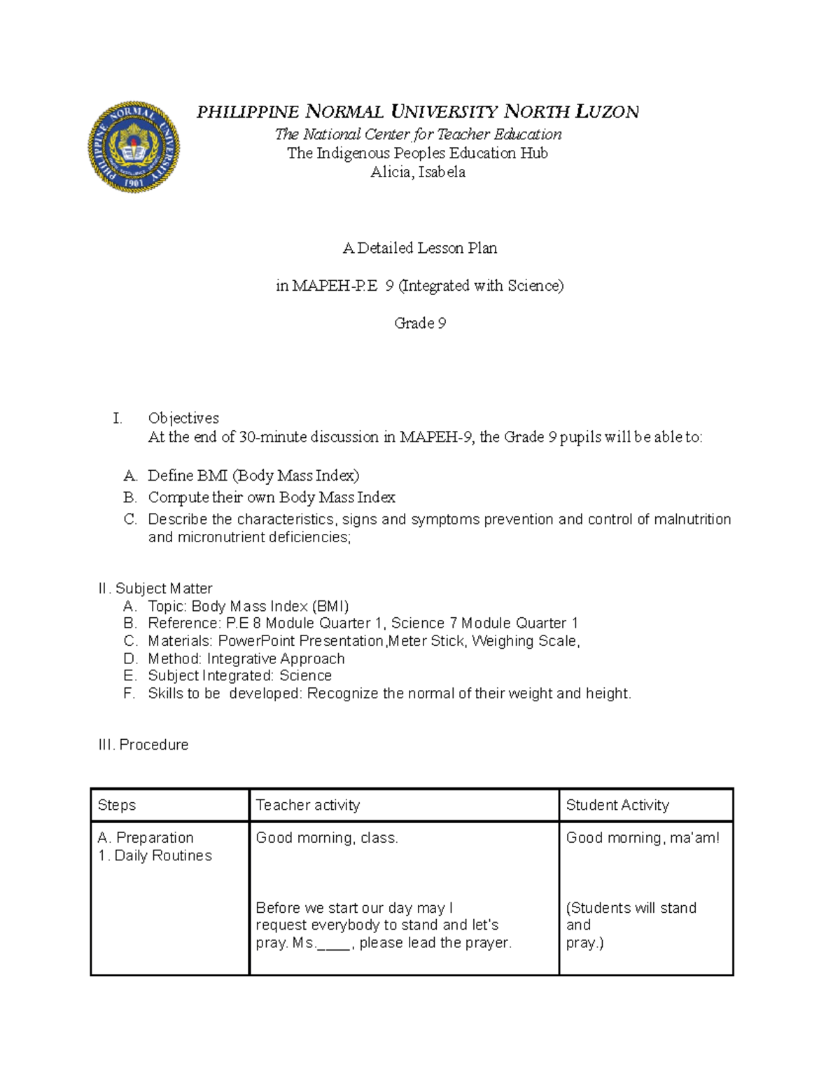 Lesson PLAN - PHILIPPINE NORMAL UNIVERSITY NORTH LUZON The National ...